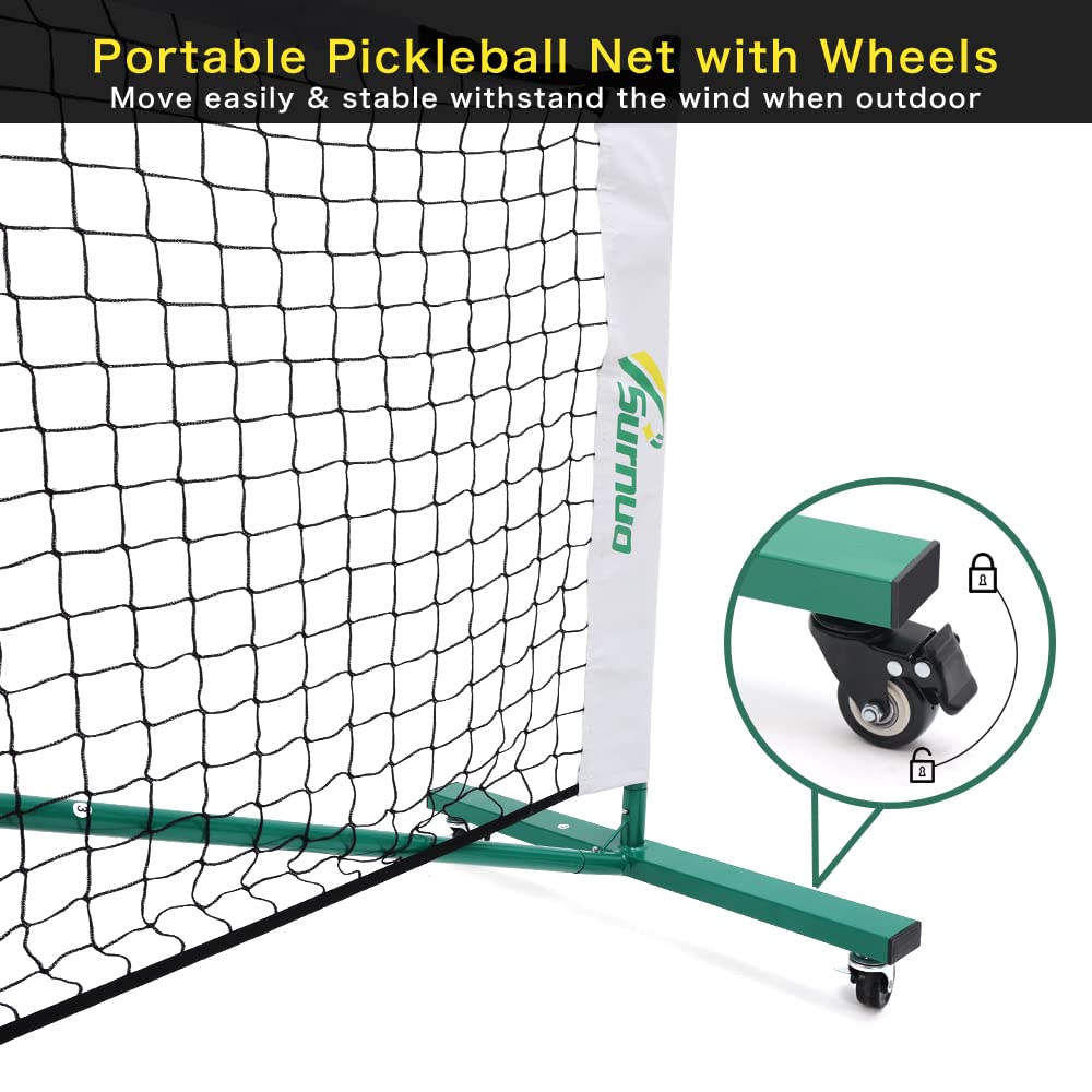 SURNUO Portable Pickleball Net with Wheels for Driveway- Outdoor Regulation Size Pickle Ball Practice Net System for All Ages, Heavy-Duty Steel Frame and Weatherproof Netting,22ft