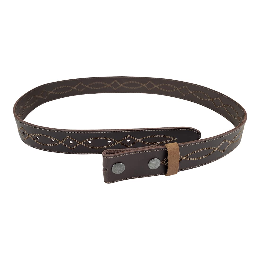 Western Leather Works, Rustic No Buckle Belt with Cowboy Stitching Handmade from Full Grain Leather - Snap On Belt (34)