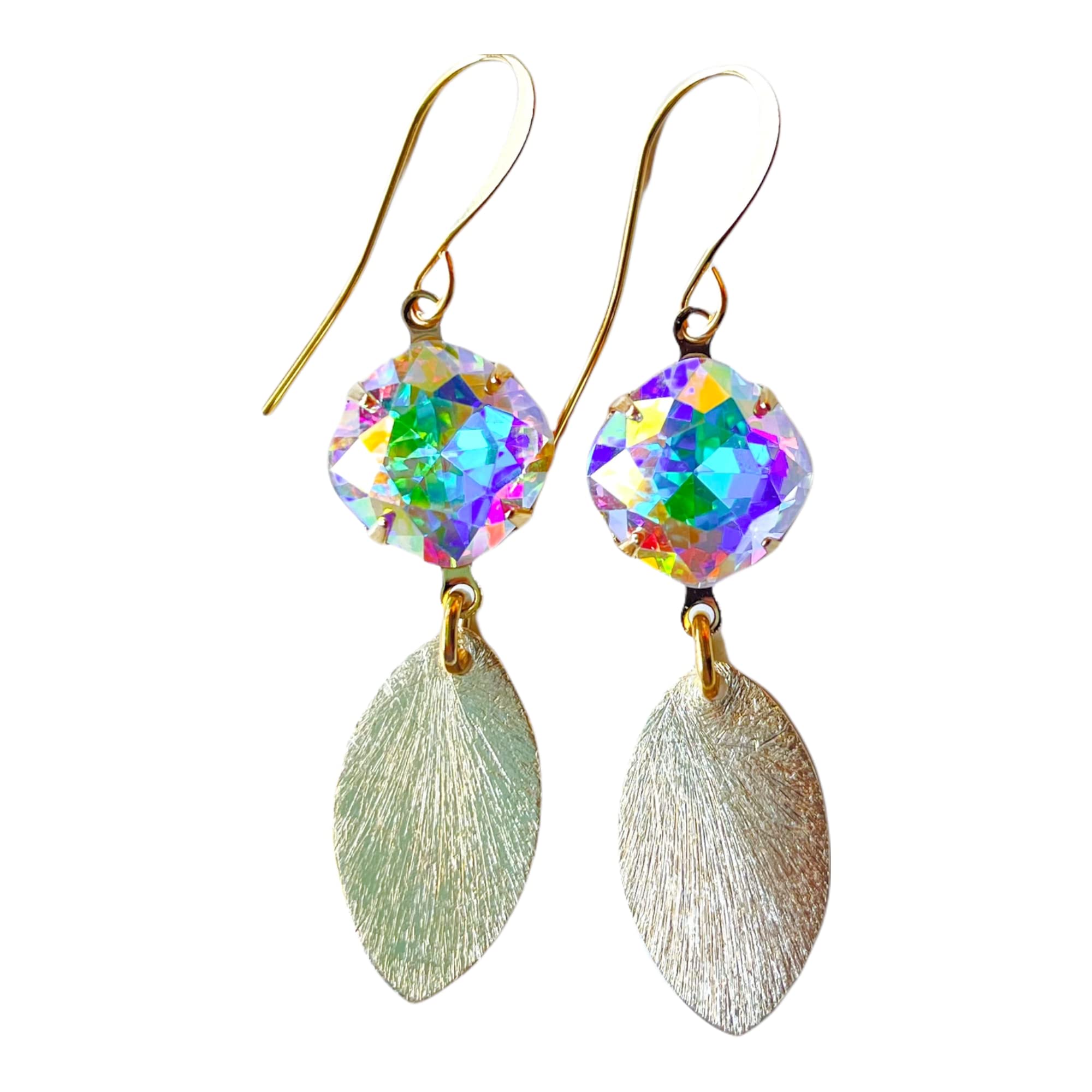 O'Lolly Jewelry"Chloe" Earrings with 12mm AB Stone and Gold Plated Brushed Leaf Dangles