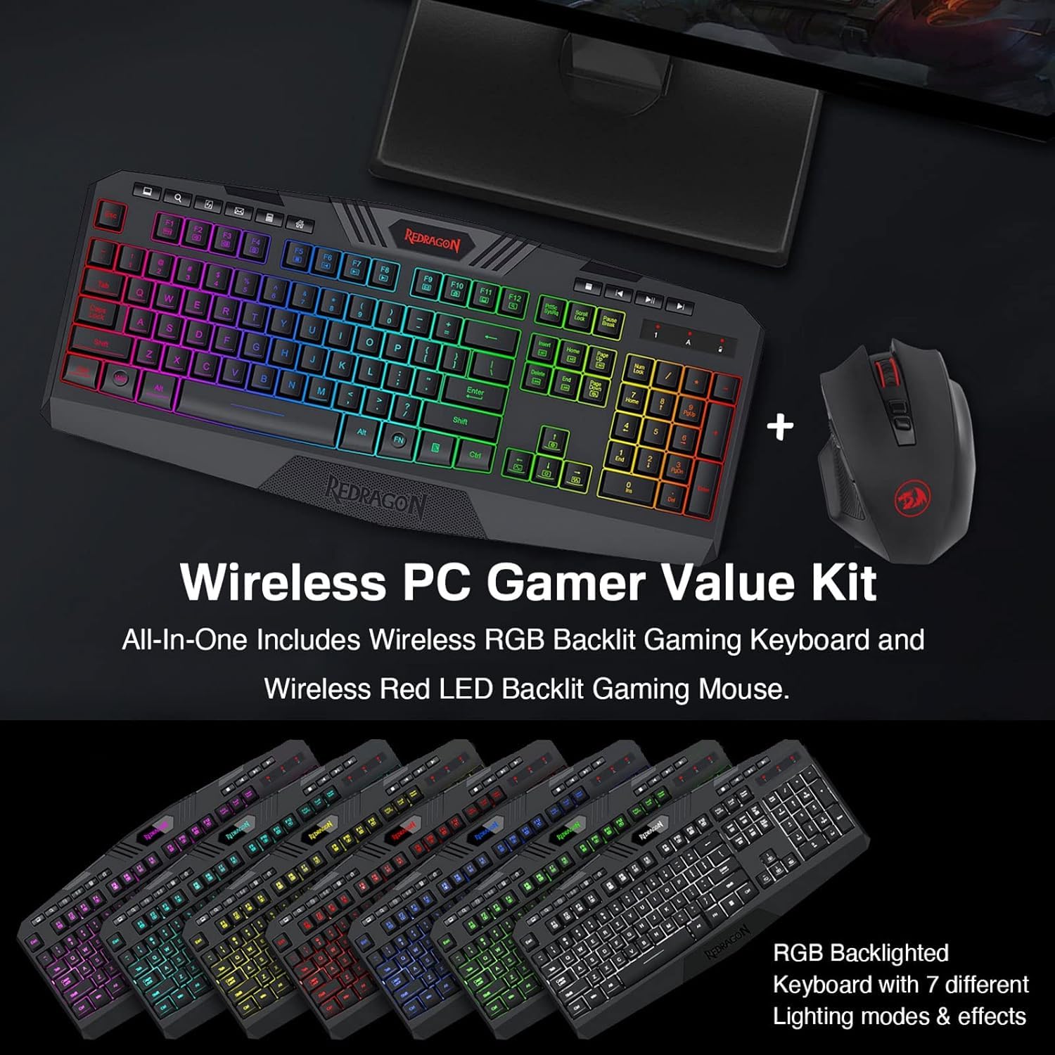 Redragon Wireless Gaming Keyboard and Mouse Combo, S101-KSW.