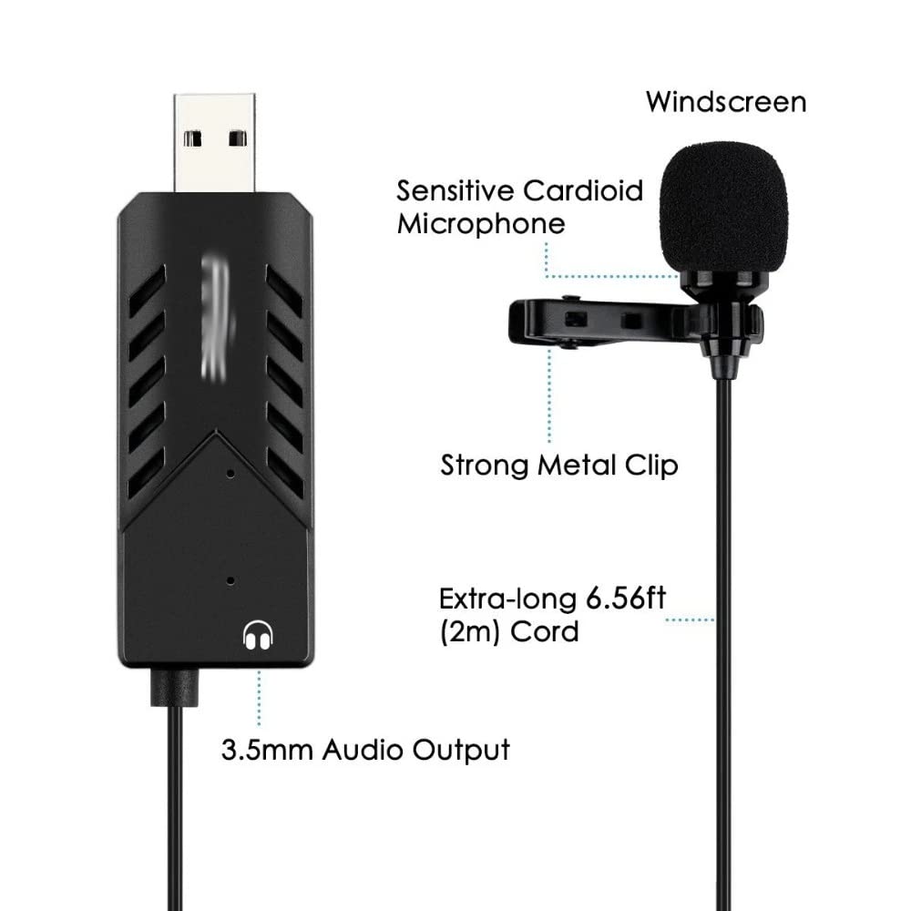 ZSEDP Lavalier Clip-on Cardioid Condenser Computer Mic Pluging and Play USB Microphone with Sound Card for PC