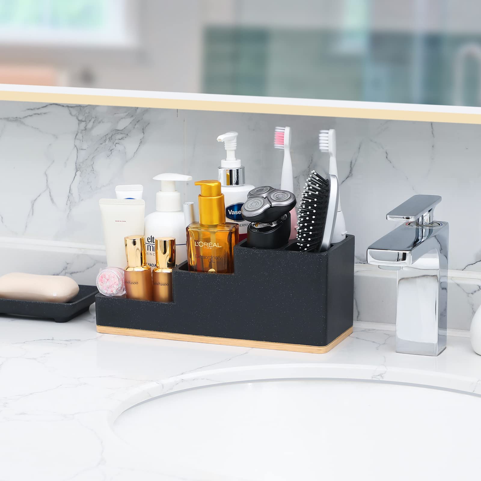 Toothbrush Holder for Bathroom, Aimou Bathroom Organizer Countertop Bathroom Accessories with 5 Compartment Storage for Bathroom/Vanity, Cotton Ball, Cotton Swab, Floss, Black