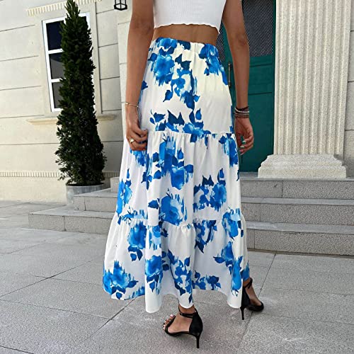 Womens Tulle Skirt Plus Size Casual Summer Women's High Waist Boho Floral Print Pleated Maxi Flowy Swing A Line Beach Blue