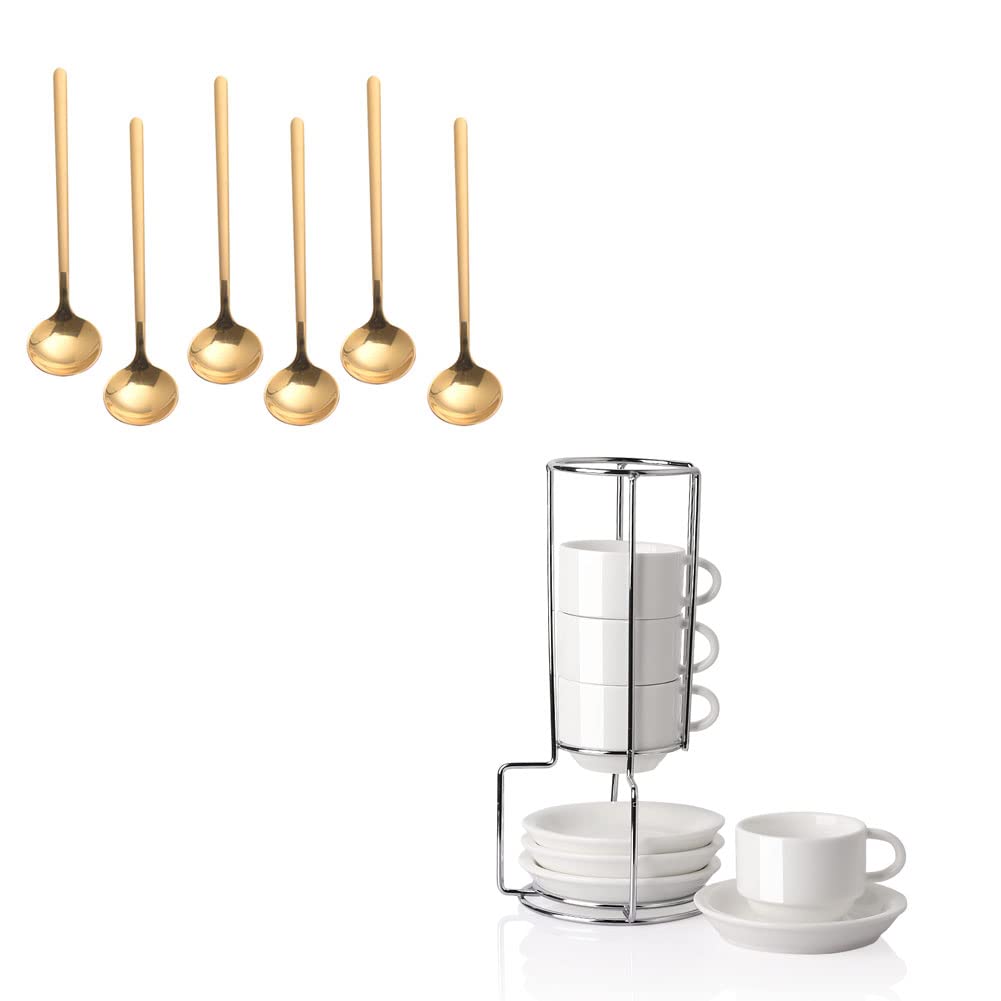Sweejar 6-Piece Espresso Spoons 18/8 Stainless Steel Porcelain Espresso Cups with Saucers, 2.5 Ounce Stackable Cappuccino Cups