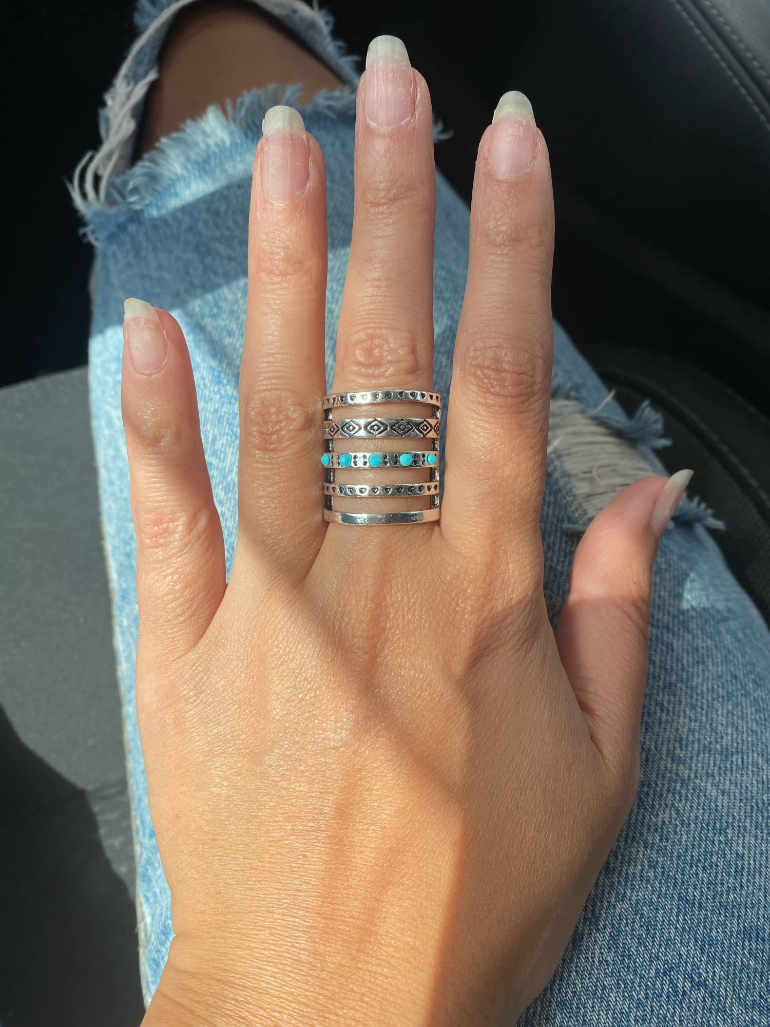 Western Ring For Women, Turquoise Boho Cool Vintage Chunky Band Bohemian Statement Rings For Men (green boho, 8)