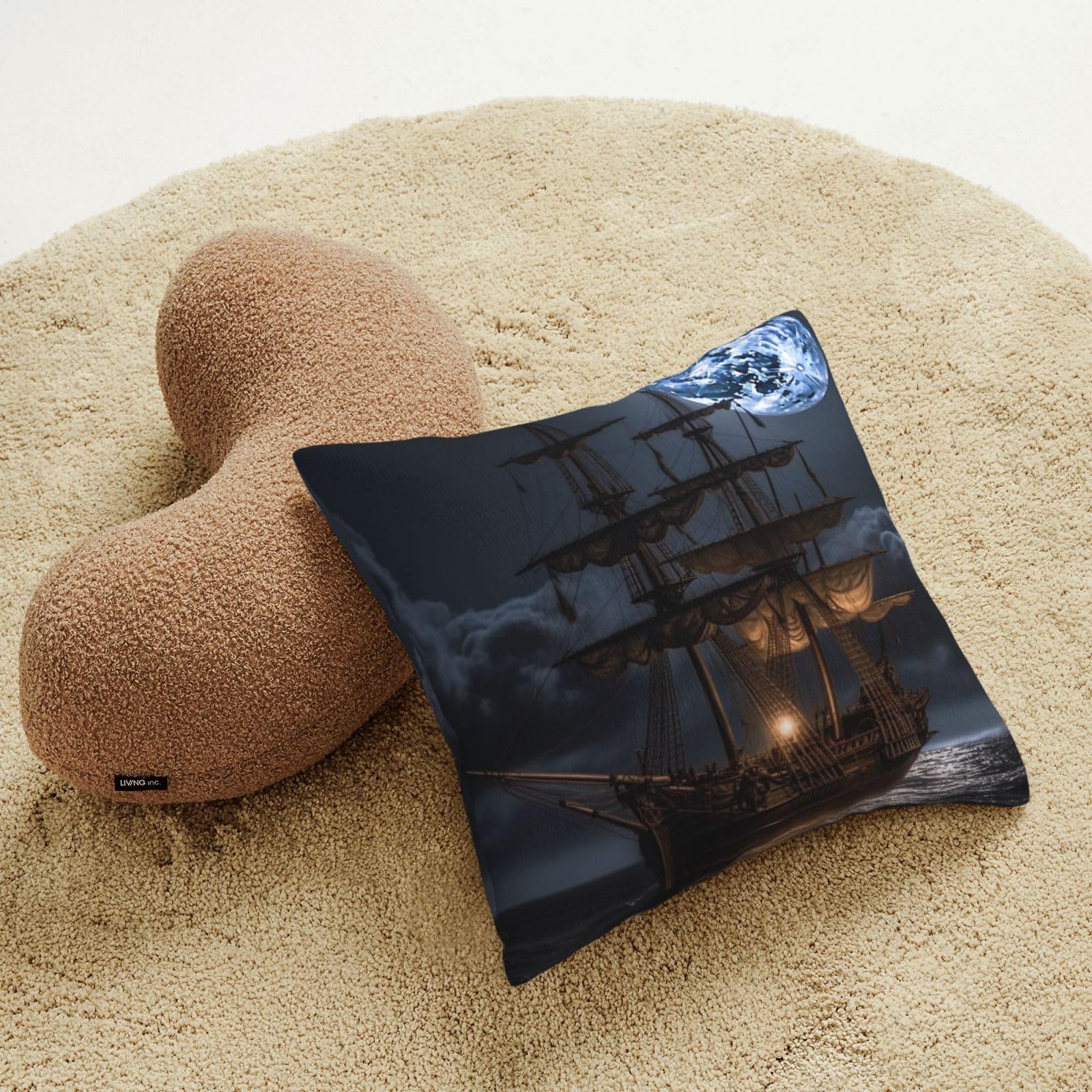 Pirate Sailboat Full Moon Print Throw Pillow Cover Corduroy Soft Pillowcase with Hidden Zipper Decorative Cushion Covers for Sofa Living Room Home Decors 16"X16"