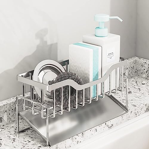Sponge Holder for Kitchen Sink,Stainless Steel Sponge Caddy, Countertop Kitchen Sink Organizer with Drain Tray, Sponge Rack Holder for Dish Soap (Silver)