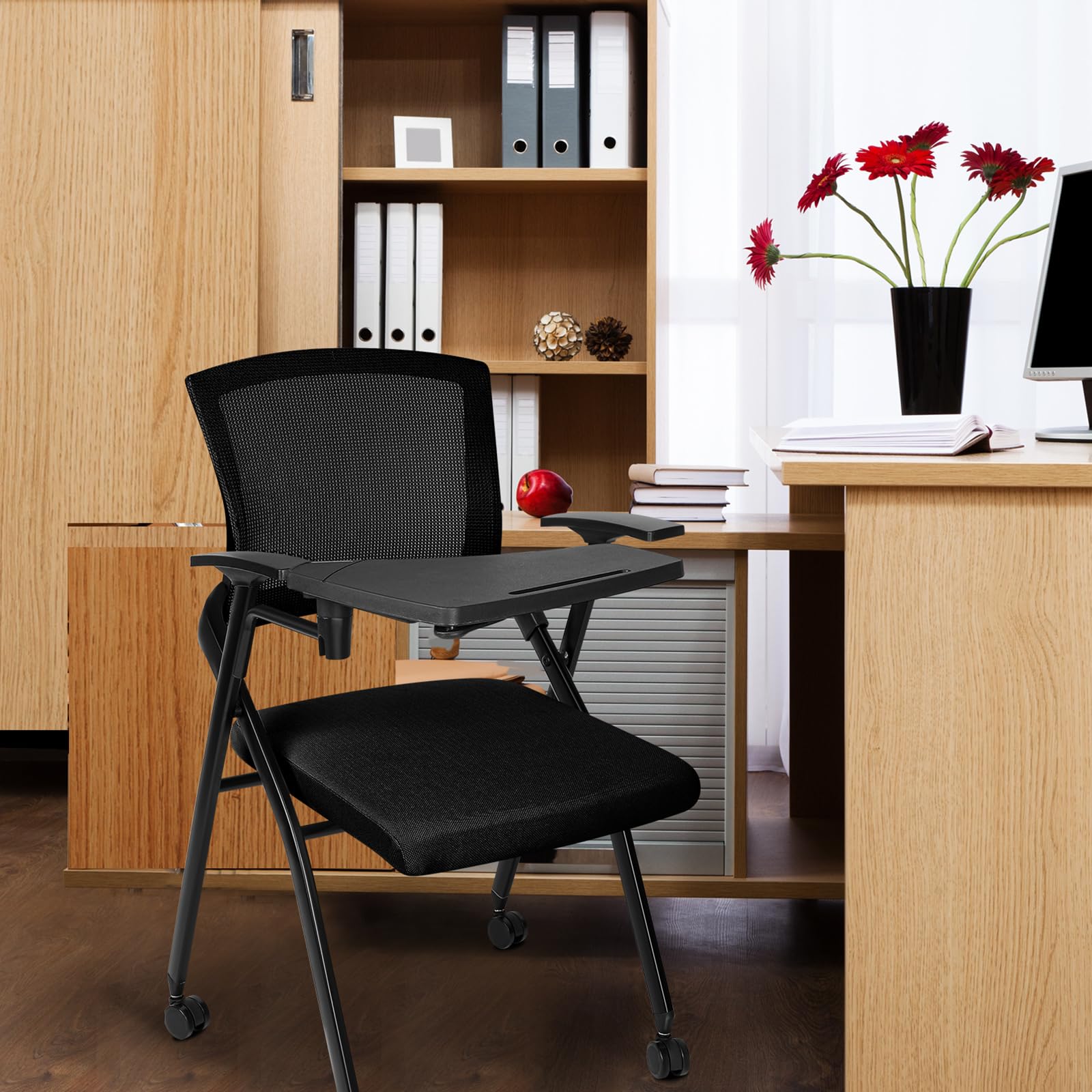 Sintuff Tablet Arm Folding Chair with Caster Wheels Chair with Desk Attached Collapsible Conference Room Chair Mesh Back Foldable for Guest Office School Classroom Training Waiting Room (Black, 2 Pcs)