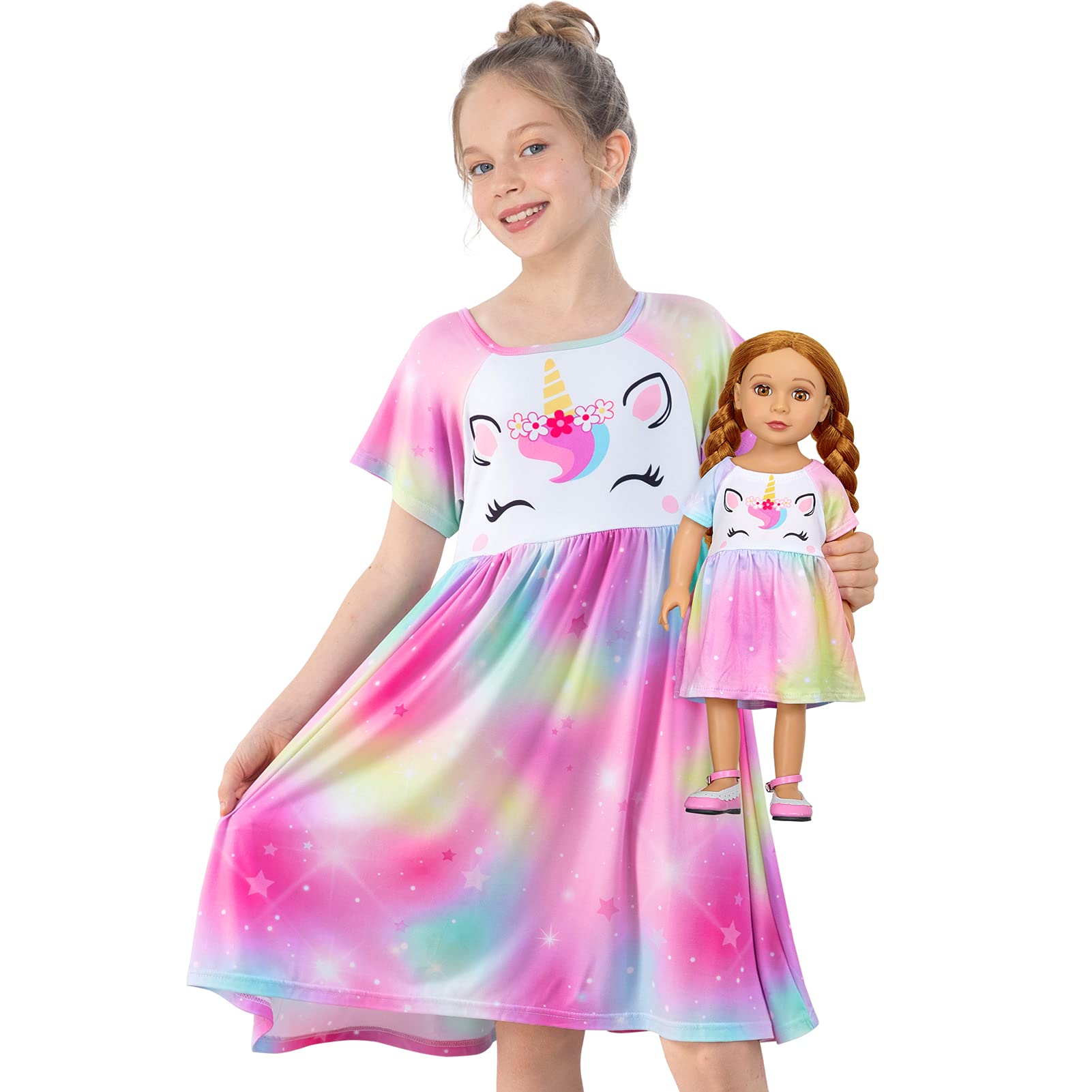 Play Tailor Doll and Girl Matching Nightgown Unicorn Outfit Pajamas Night Dress for Girls and 18" Dolls Clothes (Doll Not Included), 6-7 Years, Colorful Purple