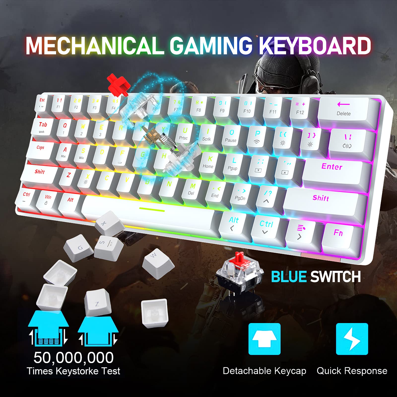 Wireless 60% Dual Mode BT5.0/USB-C Wired Mechanical Gaming Keyboard with Rainbow Backlight Compact 61Key Ergonomic Rechargeable Anti-ghosting Bluetooth for PC Typist Mac Gamer(White/Red Switch)