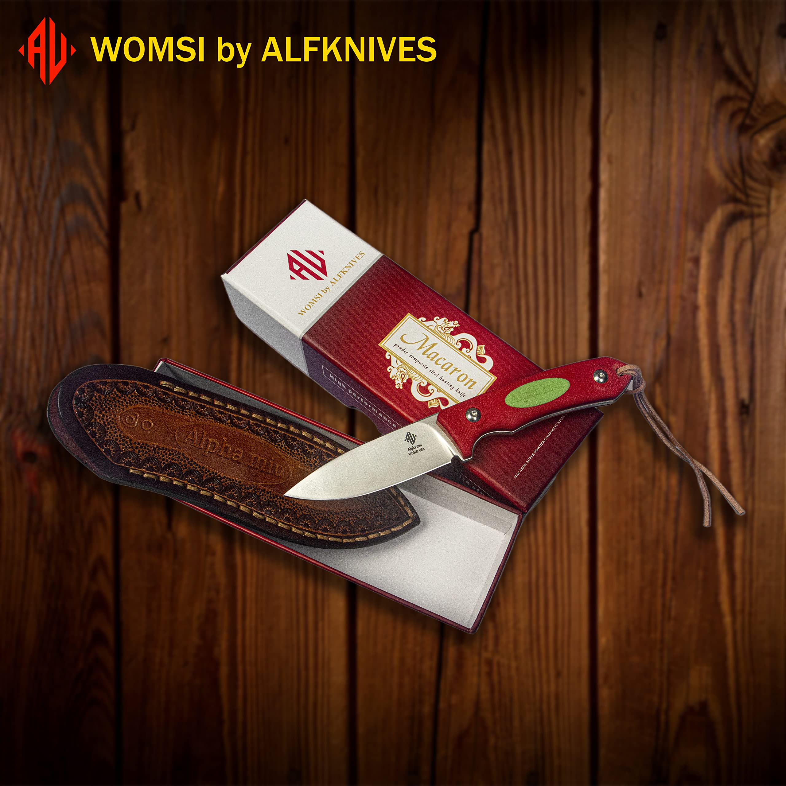 WOMSI Hunting Knife,Full Tang 6.57",DPS15-S Power Steel Blade,Sonorous&durable G10 Handle with Leather Sheath(Red)