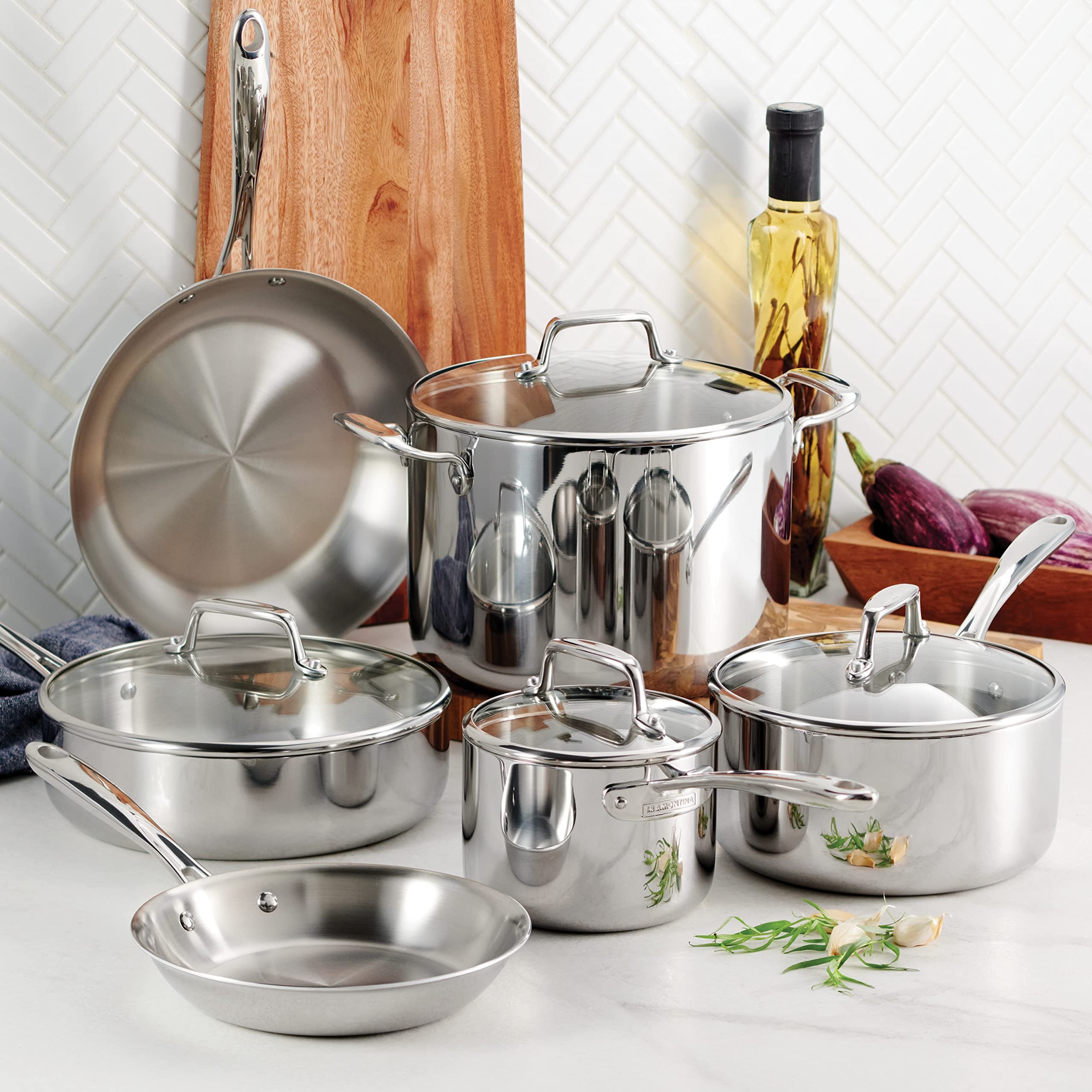 Tramontina Stainless Steel Tri-Ply Clad 10-Piece Cookware Set, Glass Lids, 80116/1011DS