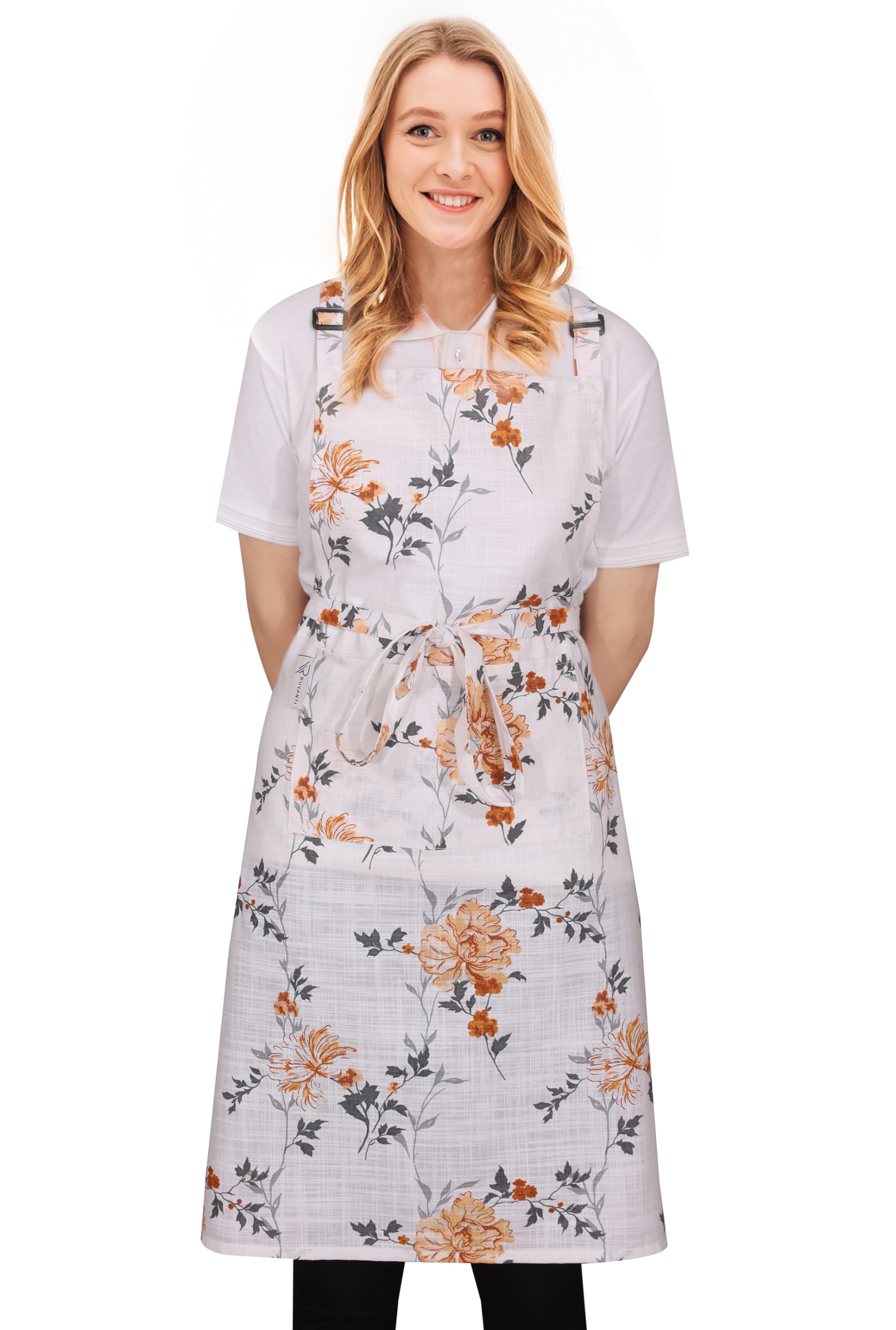 RUVANTI Aprons for Women with Pockets - Adjustable up to XXL - 100% Cotton - Cute Aprons for Cooking, Kitchen, Server, Barber, Restaurant, Chef Apron - 1 Pack - Grey Floral