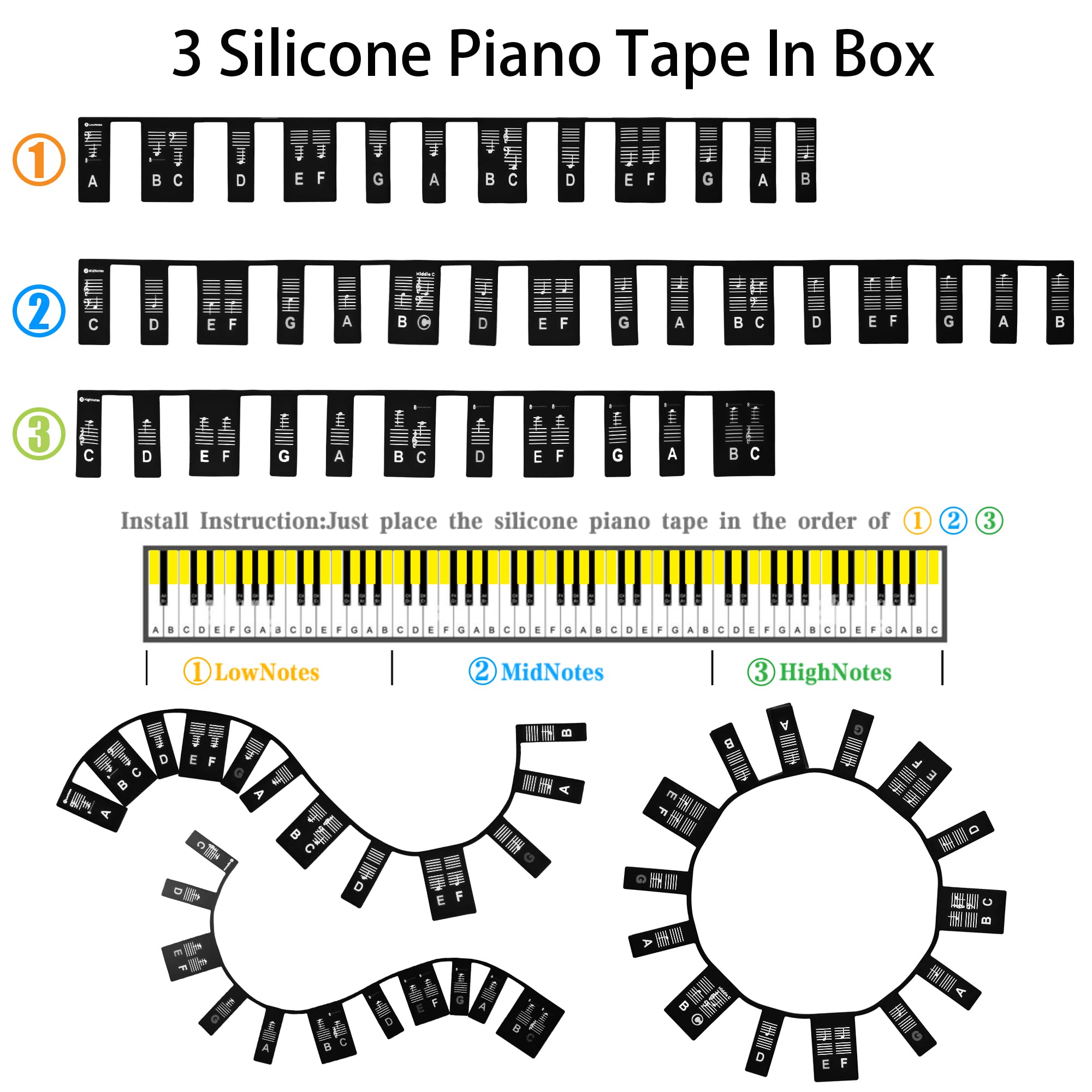YUBIRD Removable Piano Keyboard Note Labels - Piano Keyboard Stickers, Piano Notes Guide Removable, Silicone Piano Key Labels Removable for Beignner,88 Keys Full Size, Comes with Box(Classic Blackļ¼