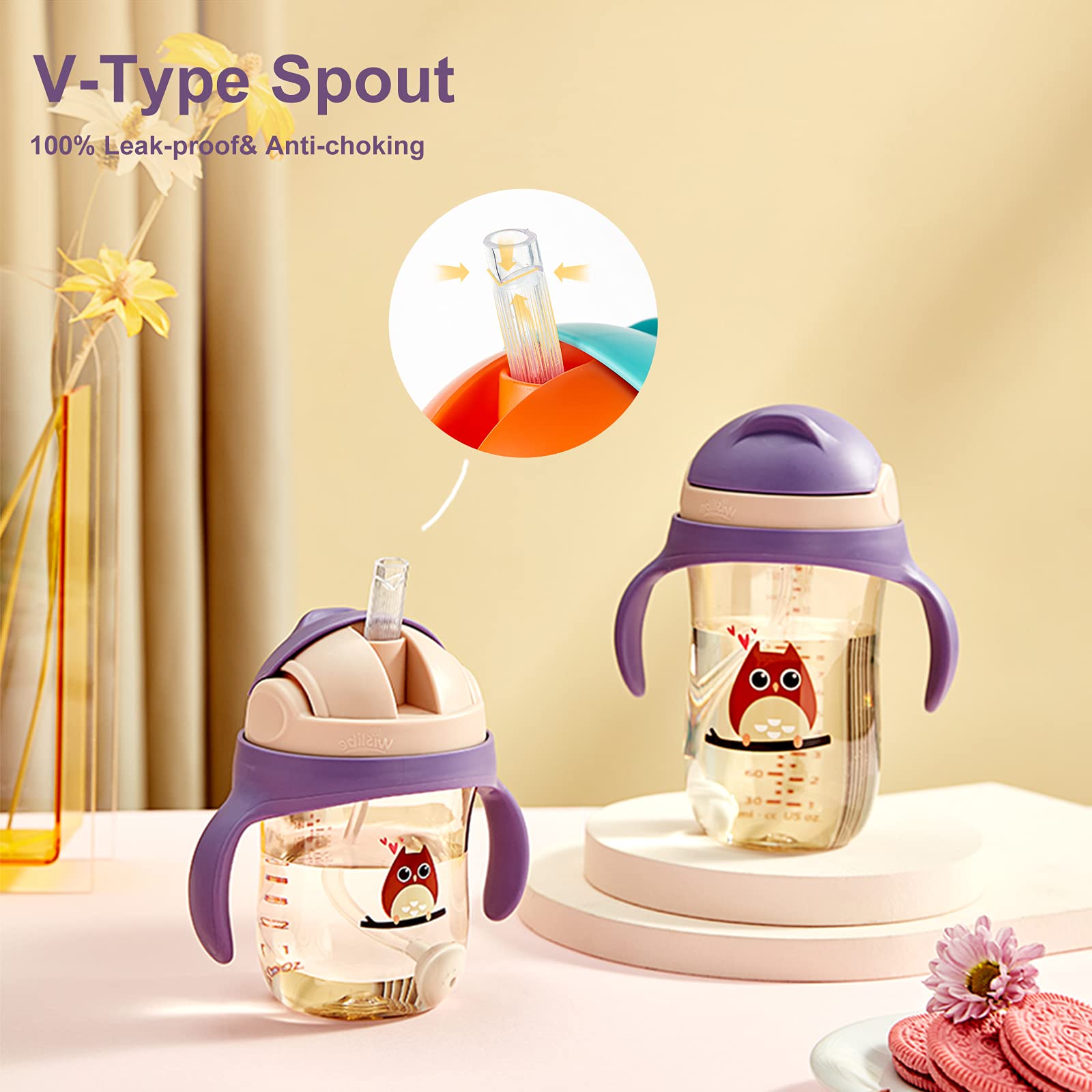 WISLIBE Weighted Sippy Cups for Toddlers with Spill-Proof Straw,Soft Spout Learner Cup with Handle,Transition Trainer Cup for Infants 6-20 Months,8 Ounce(Purple)