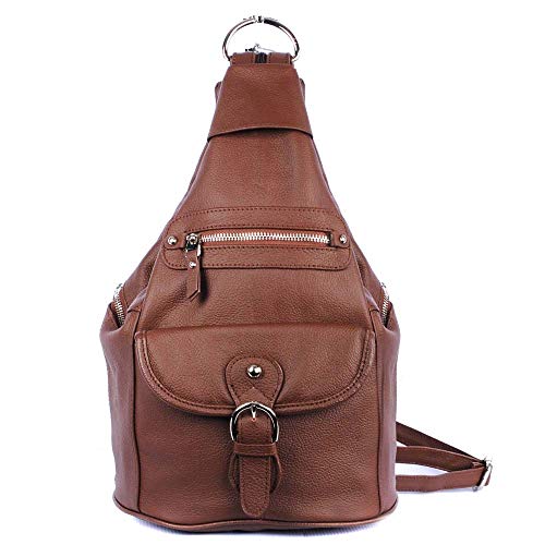 Roma Leathers Fashion Leather Backpack - Premium Brown Cowhide Leather - Buckle Front Closure - Metal Zipper Hardware - Convertible Shoulder Straps - Multi Pocket Shoulder Bag - Designed in U.S.A.
