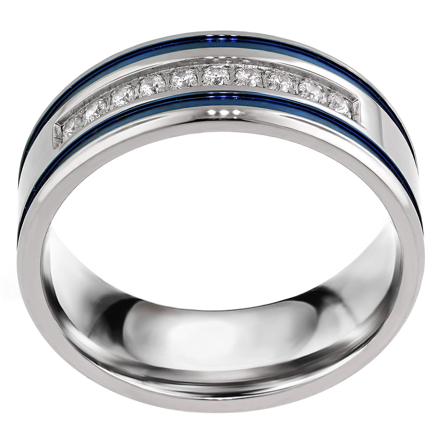 Romantic Blue Wedding Rings Set for Him and Her 3 pcs Stainless Steel CZ Men and Women Couples Rings (Women's Size 08 & Men's Size 12)