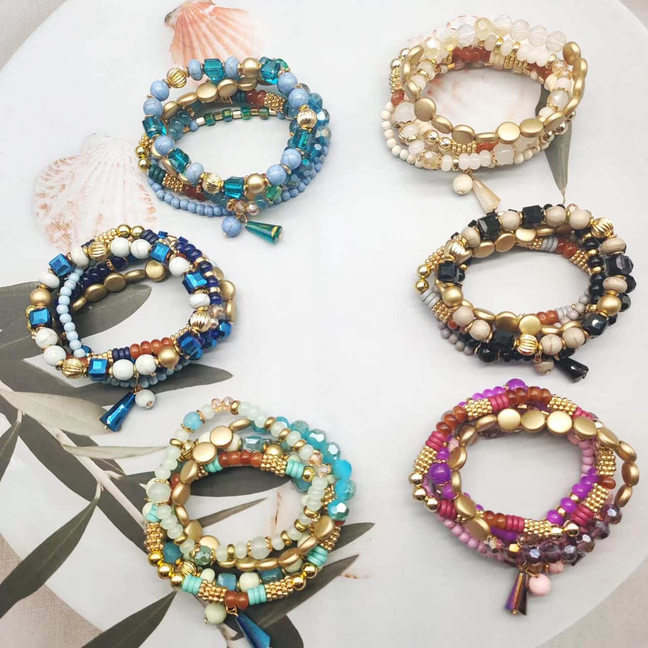 Svovin 6Sets Bohemian Mix Bead Multi Layer Versatile Statement Bracelets Stackable Beaded Strand Stretch Bangles Sparkly Crystal Tassel Charm Jewelry Gifts