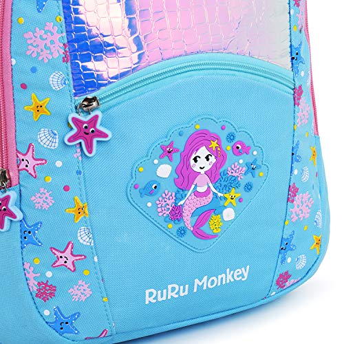 RuRu monkey Kids Backpack for Girls - Perfect for Kindergarten, Preschool & Lower Elementary Students (Ages 4-10) - Mermaid Kids Bookbag - Medium (16.5" Tall)