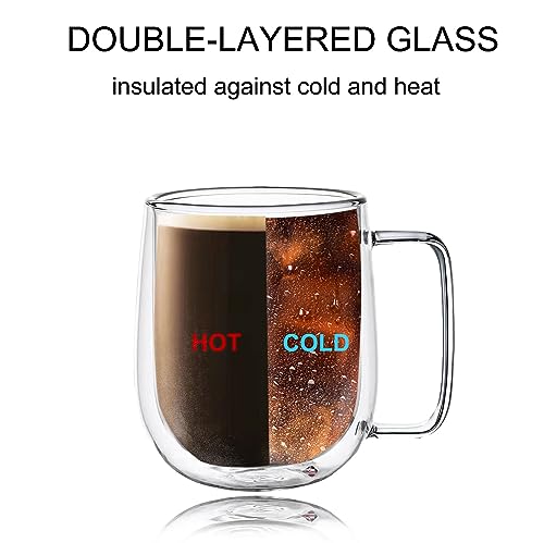 OKE Double Wall Glass Coffee Mugs,Espresso cups,Insulated Clear Coffee Cup Mugs Set,Perfect for Coffee, Juice, Tea, Hot Chocolate, Etc(Set of 2 - with coasters) (12OZ)