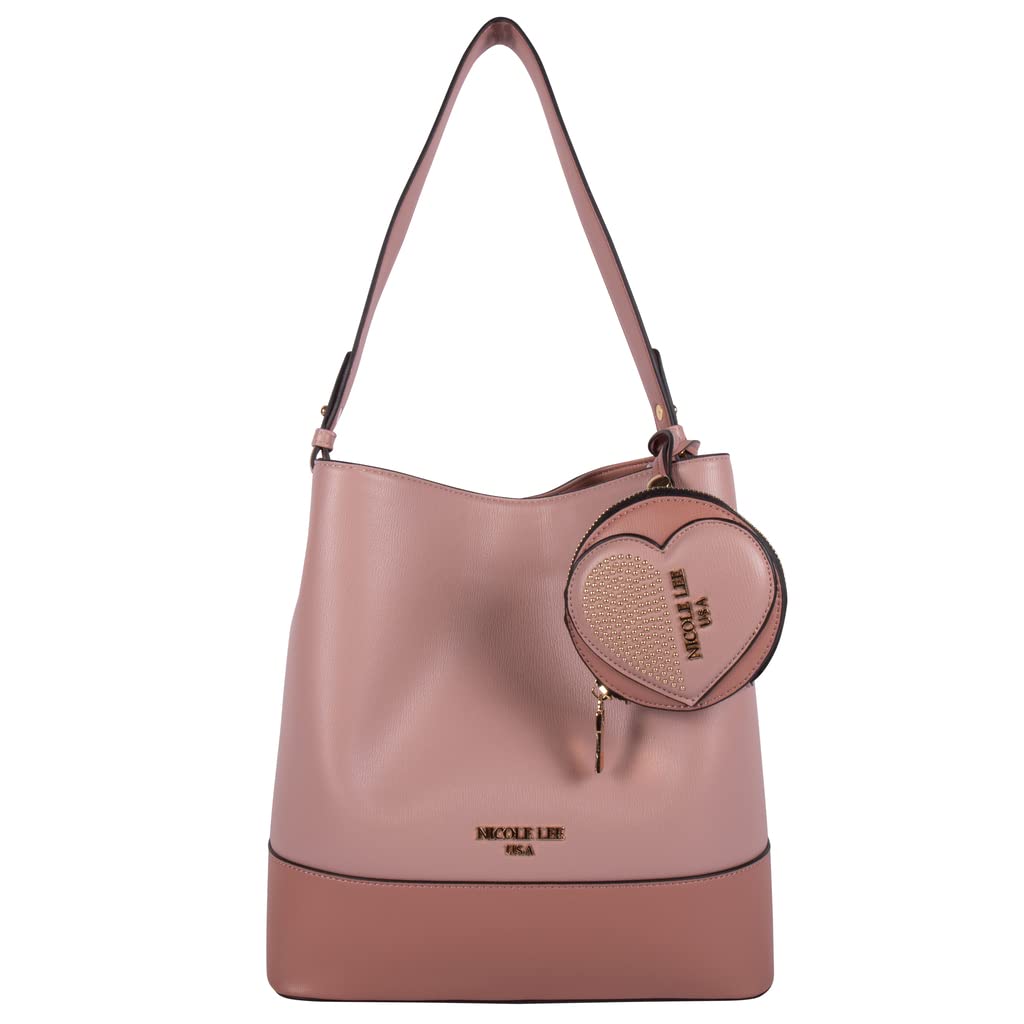 Nicole Lee Venus Medium Shoulder Bag with Detachable Studded Heart Coin Purse, Optional Crossbody Strap, 3 Compartments (Dusty Pink)