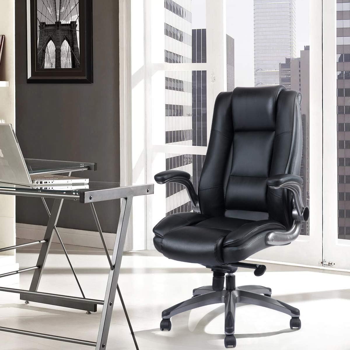 REFICCER Bonded Leather Office Chair - Adjustable Built-in Lumbar Support and Tilt Angle High Back Executive Computer Desk Chair for Office Workers & Students (Black)