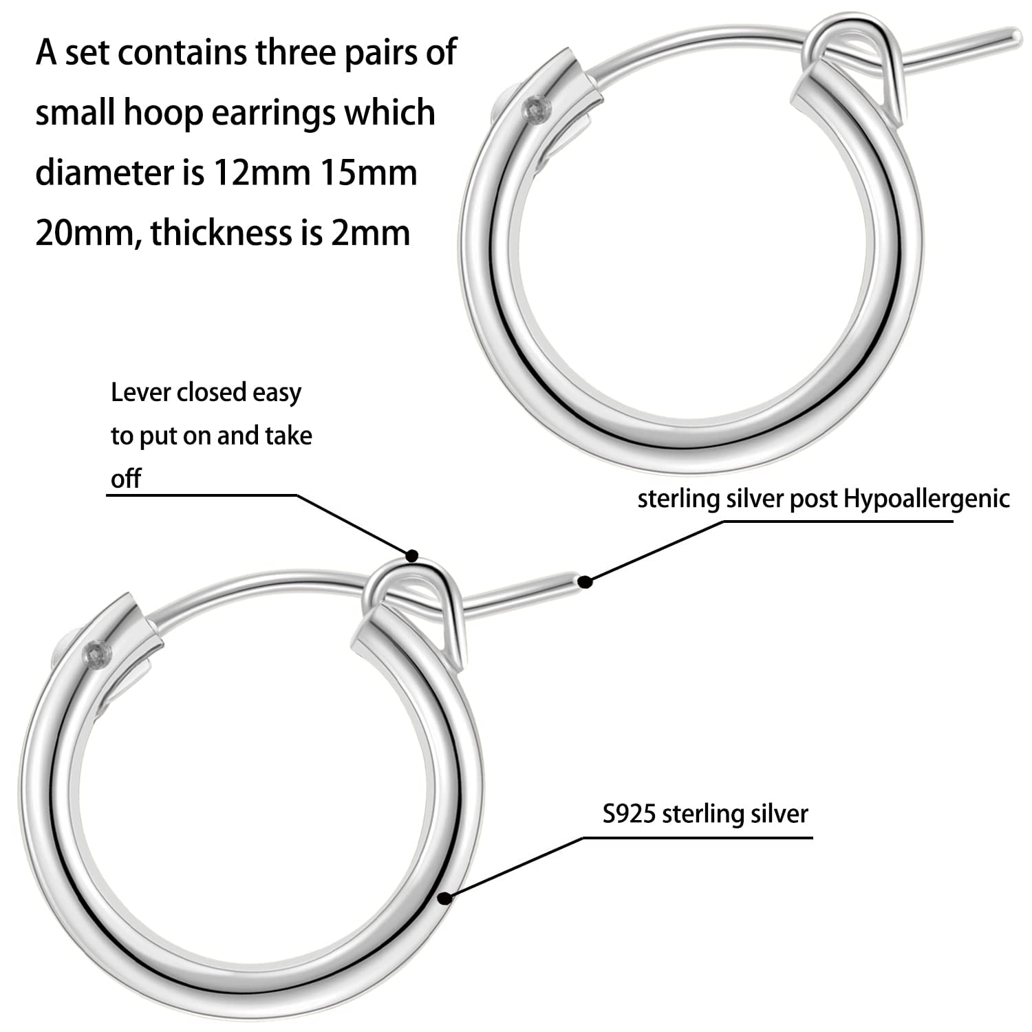 Sterling Silver Small Hoop Earrings Set, Hypoallergenic Tiny Silver Clasp Hoops for Women