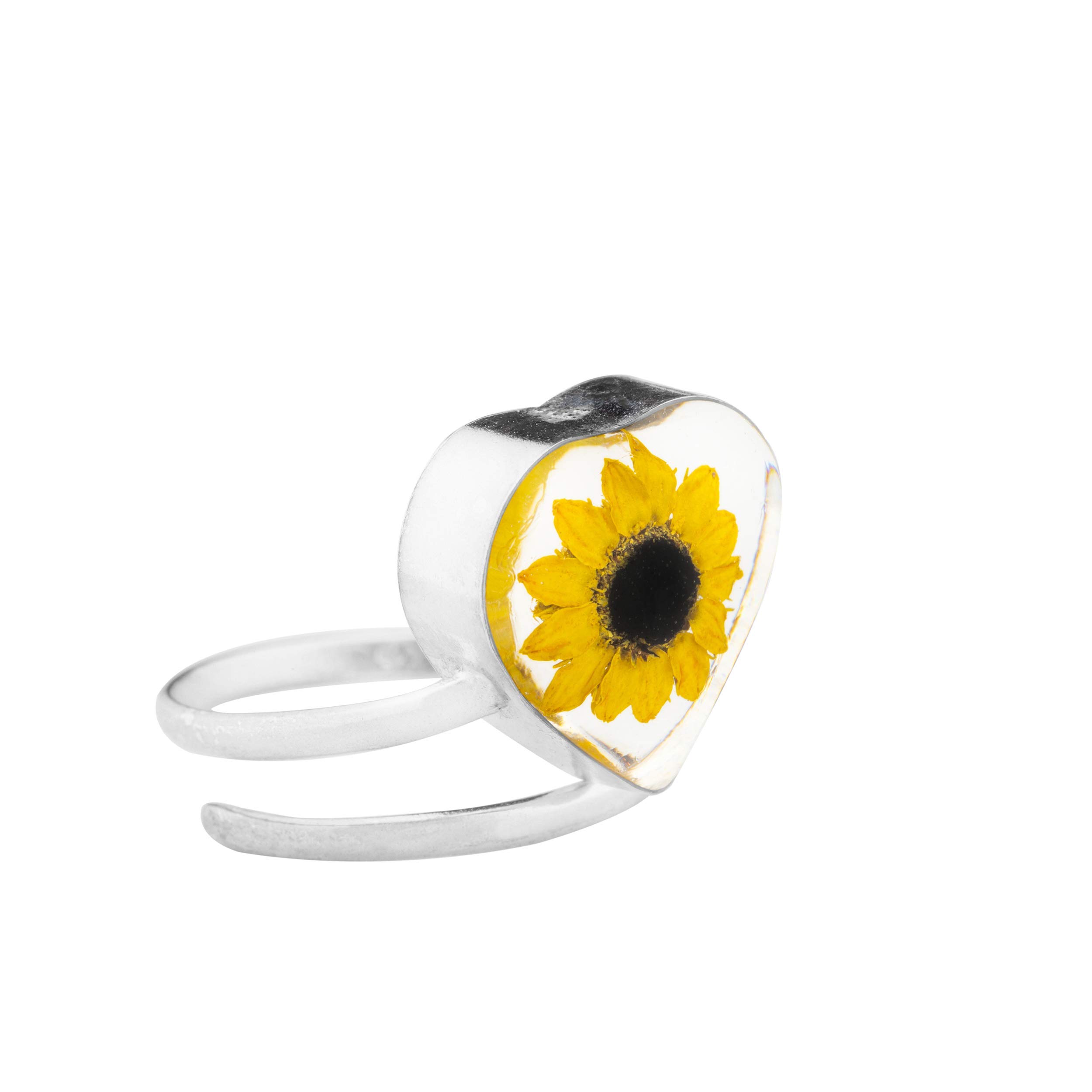 TAMI Real Sunflower Ring in Sterling Silver Adjustable Heart, Floral Jewelry