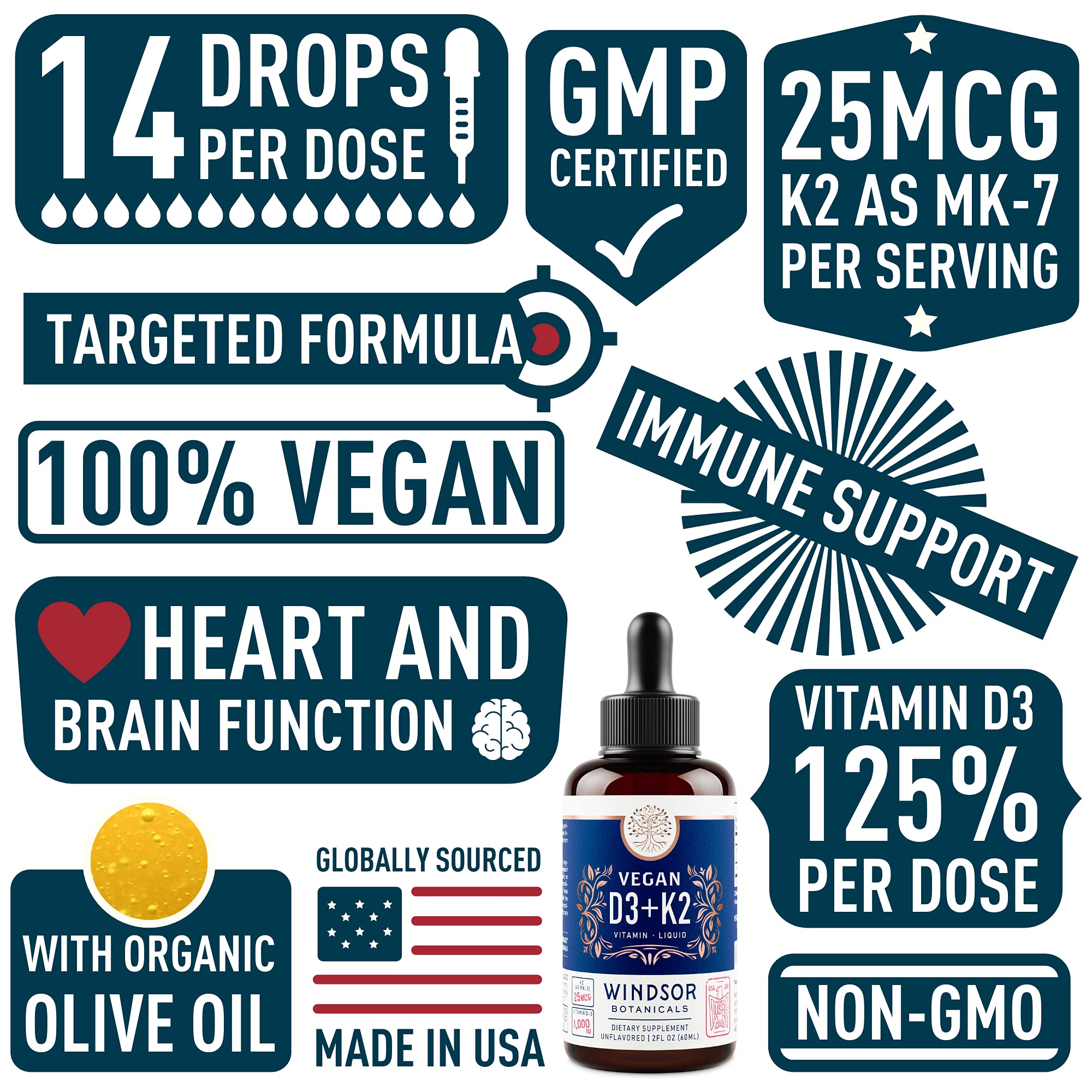 WINDSOR BOTANICALS Vitamin D3 K2 Vegan Liquid - Heart, Immune Function, and Brain Support Supplement - D3 1,000iu, K2 MK-7 25mcg Cruelty-Free Organic Olive Oil Drops - Unflavored - 90 Servings - 2oz