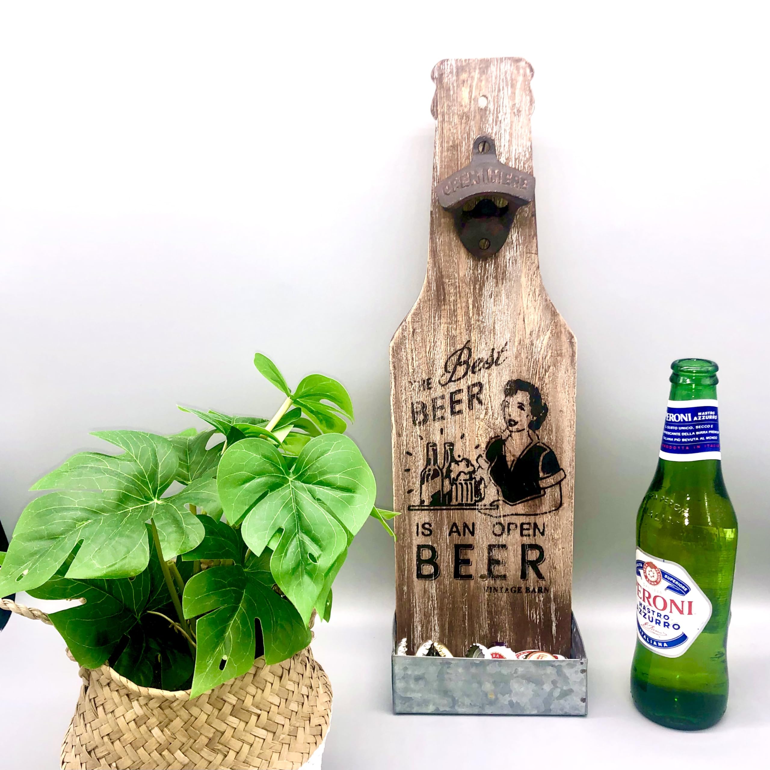 Vintage Barn Wall-Mounted Beer Bottle Opener with Cap Catcher - Witty Man Cave Decor, Larger Wooden Design, Ideal Gift for Men