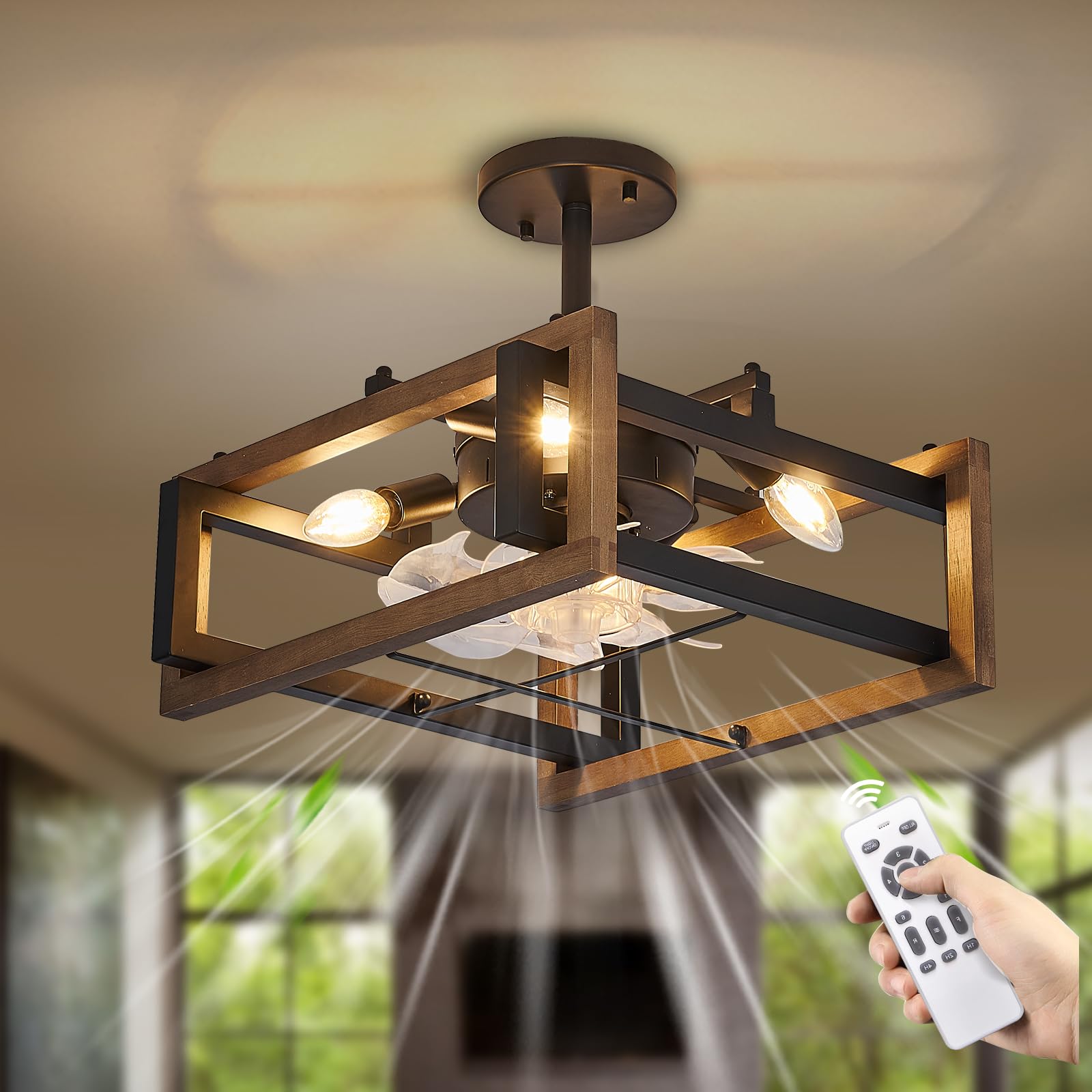 RVONOW Matte Black Bohemian Rattan Ceiling Fan with Light, 6 Wind Speed Adjustable, Reversible Motor, Timers, Remote Controlled, Energy Efficient
