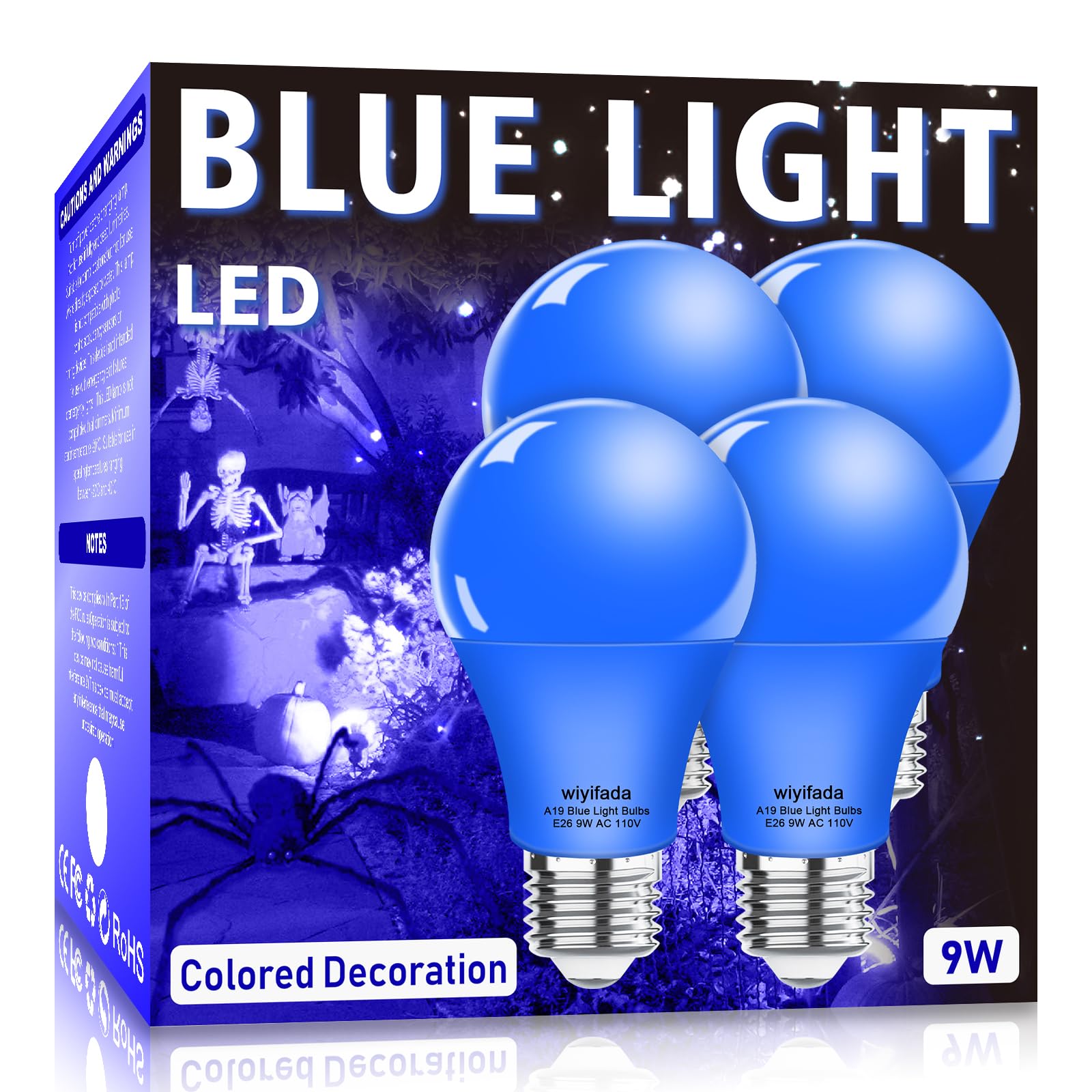 Wiyifada 4 Pack A19 LED Blue Light Bulbs, E26 110V 9W Blue LED Lights Replace up to 100W, Colored Light Bulbs for Porch, Home Lighting, Party Decoration, Holiday Lighting (Blue Light)