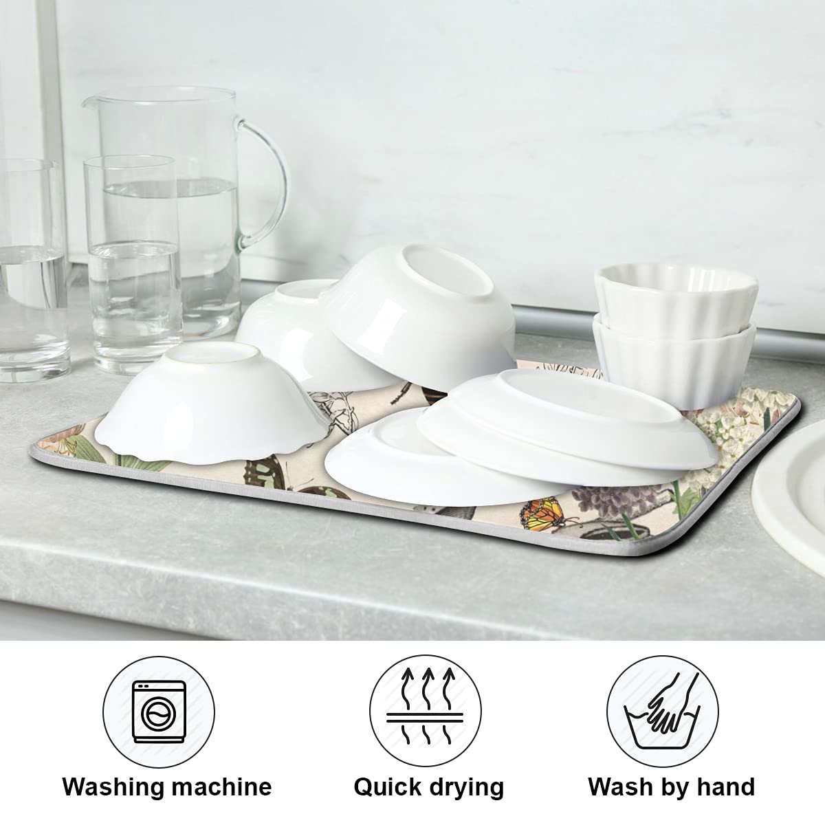 Vintage Bee Garden Dish Drying Mats for Kitchen Counter Reversible Absorbent Polyester Material Large Kitchen Microfiber Mat 18 x 24 Inch