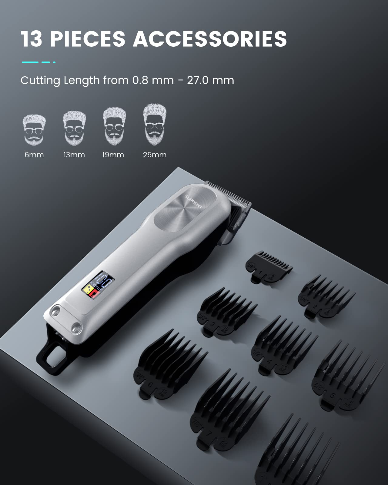 SUPRENT Cordless Hair Clippers for Men, Professional Hair Cutting Kit with 2000mAh Lithium Ion, Barber Clipper Set with Lock-in Length, LED Display