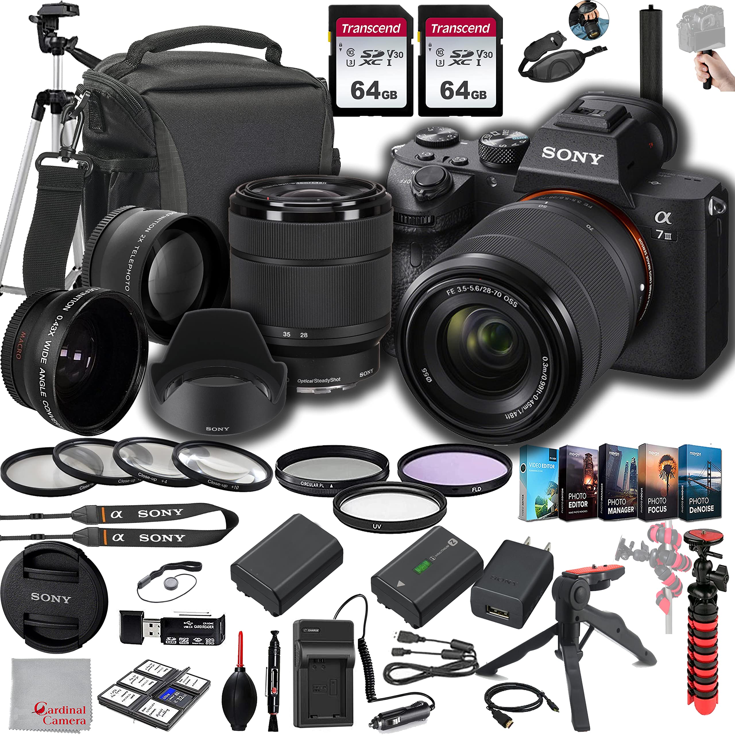Sony a7 III Mirrorless Digital Camera 24MP w/ 28-70mmmm Lens ILCE-7M4K/B, 128GB Memory.43 Wide & 2X Lenses, Case. Tripod, Filters, Hood, Grip,Spare Battery & Charger, Software Kit -Deluxe Bundle