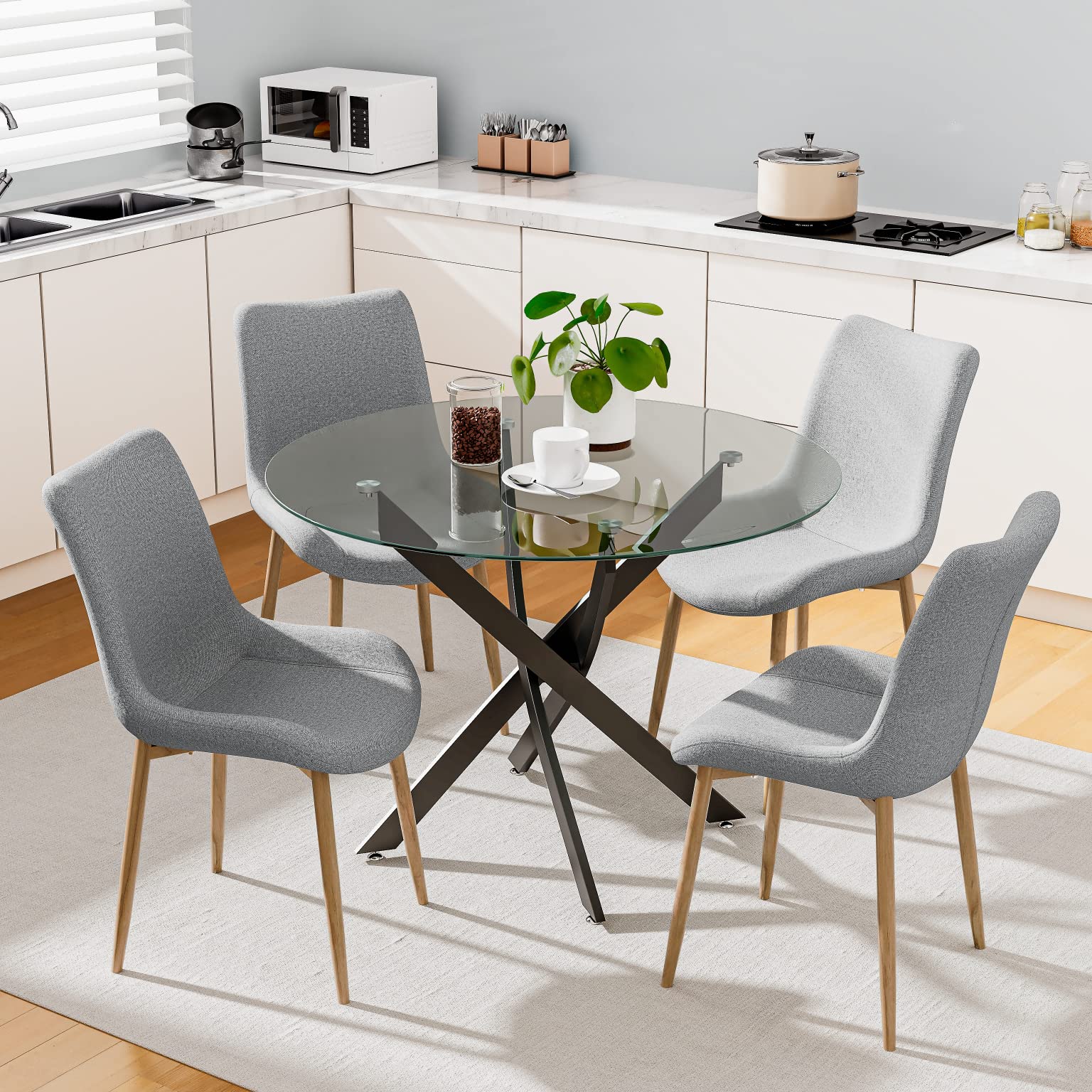 NIERN Round Tempered Glass Dining Table for 2-4 with Chromed Legs, 35.5 in Modern Small Kitchen Table for Kitchen Dining Room (White/Silver)
