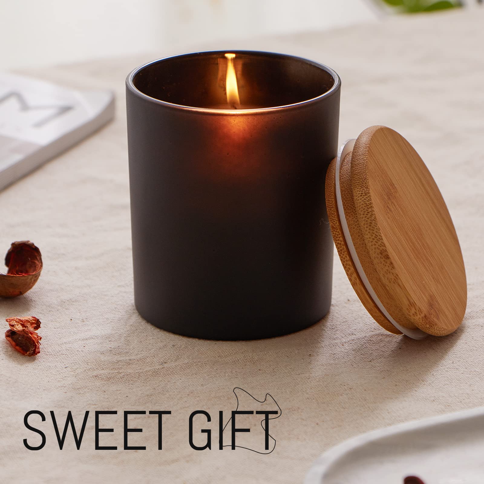 Relatern 6-Pack 8 Oz Candle Containers for Making Candles - Glass Candle Vessels with Bamboo Lids for DIY Candle, Bulk Empty Frosted Candle Jars, Black
