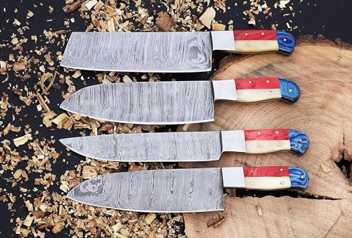 Vintage Blacksmith/Handmade Damascus Hunting Knife - fixed Blade Hunting Knife with Sheath Handmade Damascus Chef Knives Set of 4 pcs