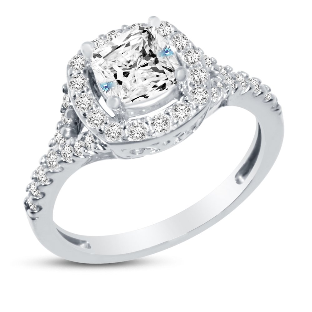 Size - 5.5-14k White Gold Cushion Cut Halo Split Shank Heirloom Solitaire Engagement Ring CZ Cubic Zirconia (2.0cttw., 1.0ct. Center)