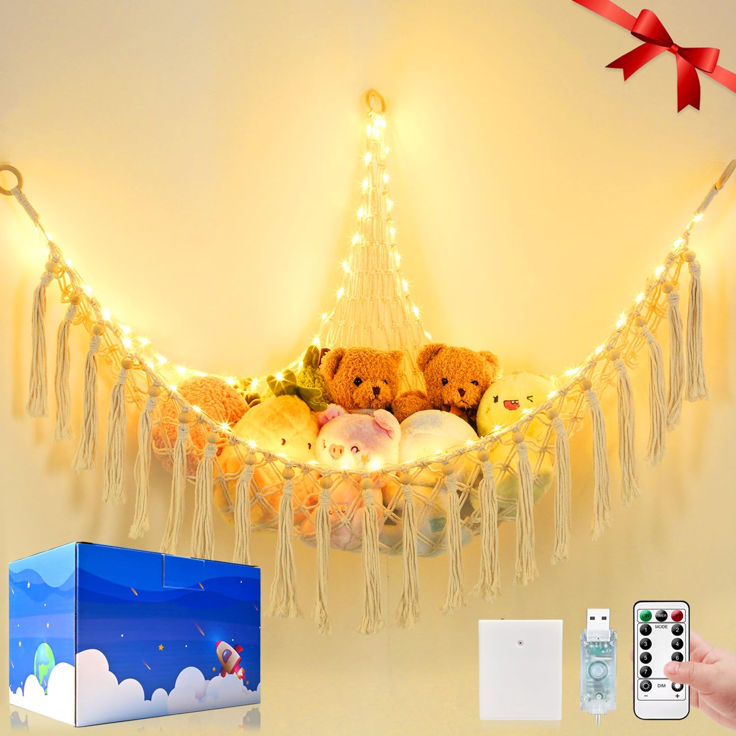 Stuffed Animal Hammock with 75LEDs, Extra Large 55in Toy Storage Macrame Hammock, Hanging Toy Net for Kids Bedroom Doll Room Corner Organizer, USB Plush Toy Hammock with Remote(XL)