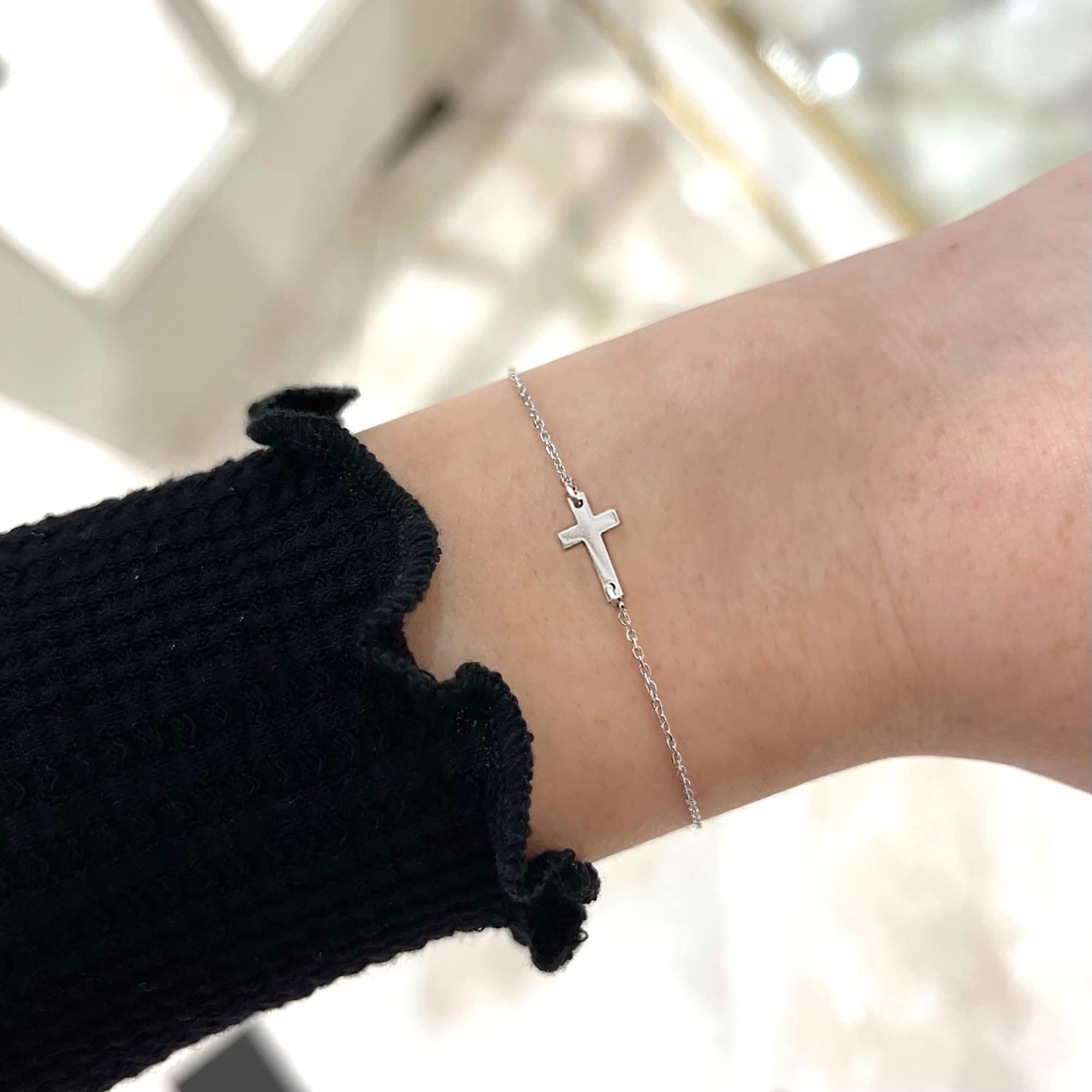 Tewiky Silver Cross Bracelet for Women Dainty Tiny Charms Sideways Delicate Cross Jewelry Cute Confirmation Gifts for Women