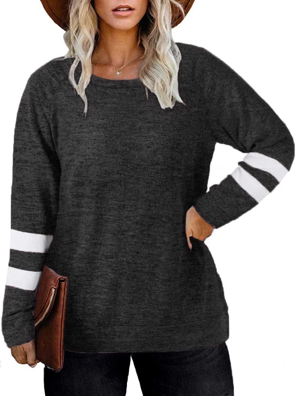 Wkior Plus Size Sweatshirt Ladies Loose Soft Long Sleeve Crewneck Tops Black Gray 2XL 20 Plus