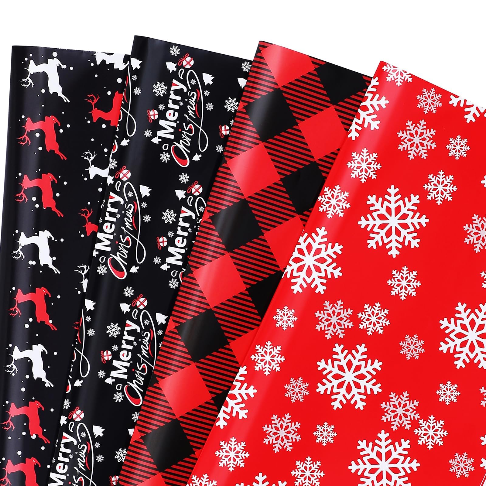 PlandRichW Christmas Wrapping Paper 12 Sheets Folded for Kids Boys Girls Men Women Gifts. Red, Black and White, Greetings, Reindeer, Plaid and Snowflakes, 20 X 29 Inches Each