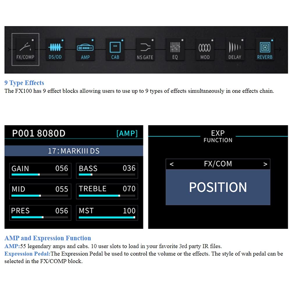 ZYZMH FX100 Multi Effects Guitar Pedal Processor with 151 Effects 200 preset 80s Looper 55 Amp Modeling Expression Pedal