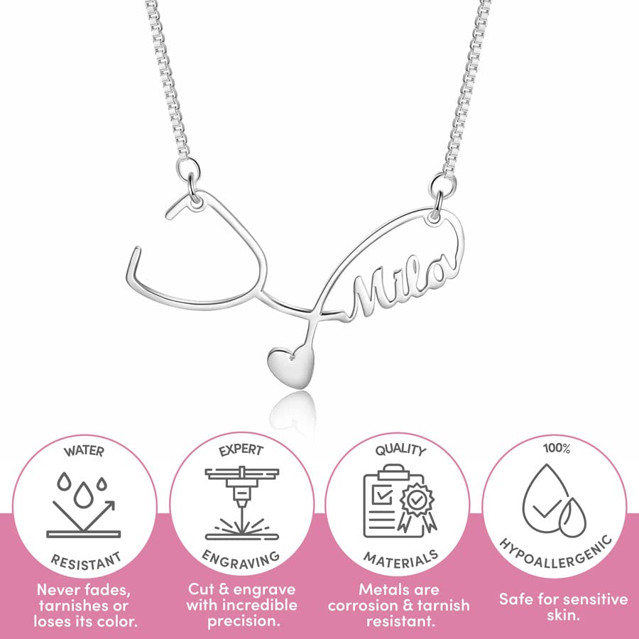 Stethoscope Necklace - Personalized Stethoscope Pendant With Name - Nurse Necklace - Doctor Necklace - Nurse & Doctor Graduation Gift (Sterling Silver)