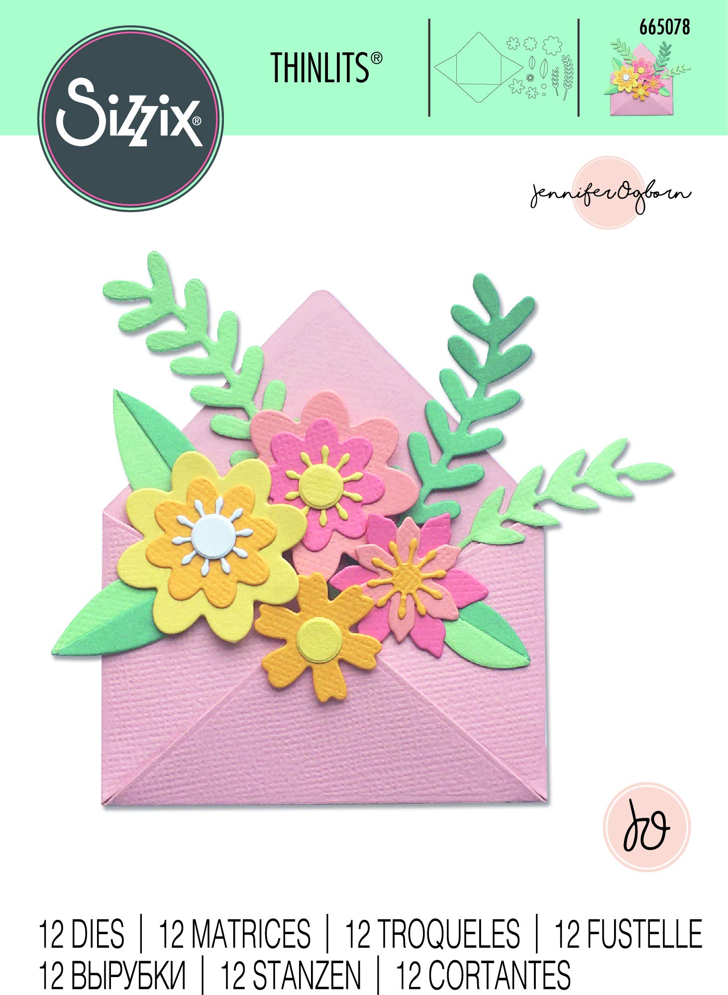 Sizzix Thinlits Die 665078 Flowers w/Envelope by Jennifer Ogborn 12 Pack, Multicolor