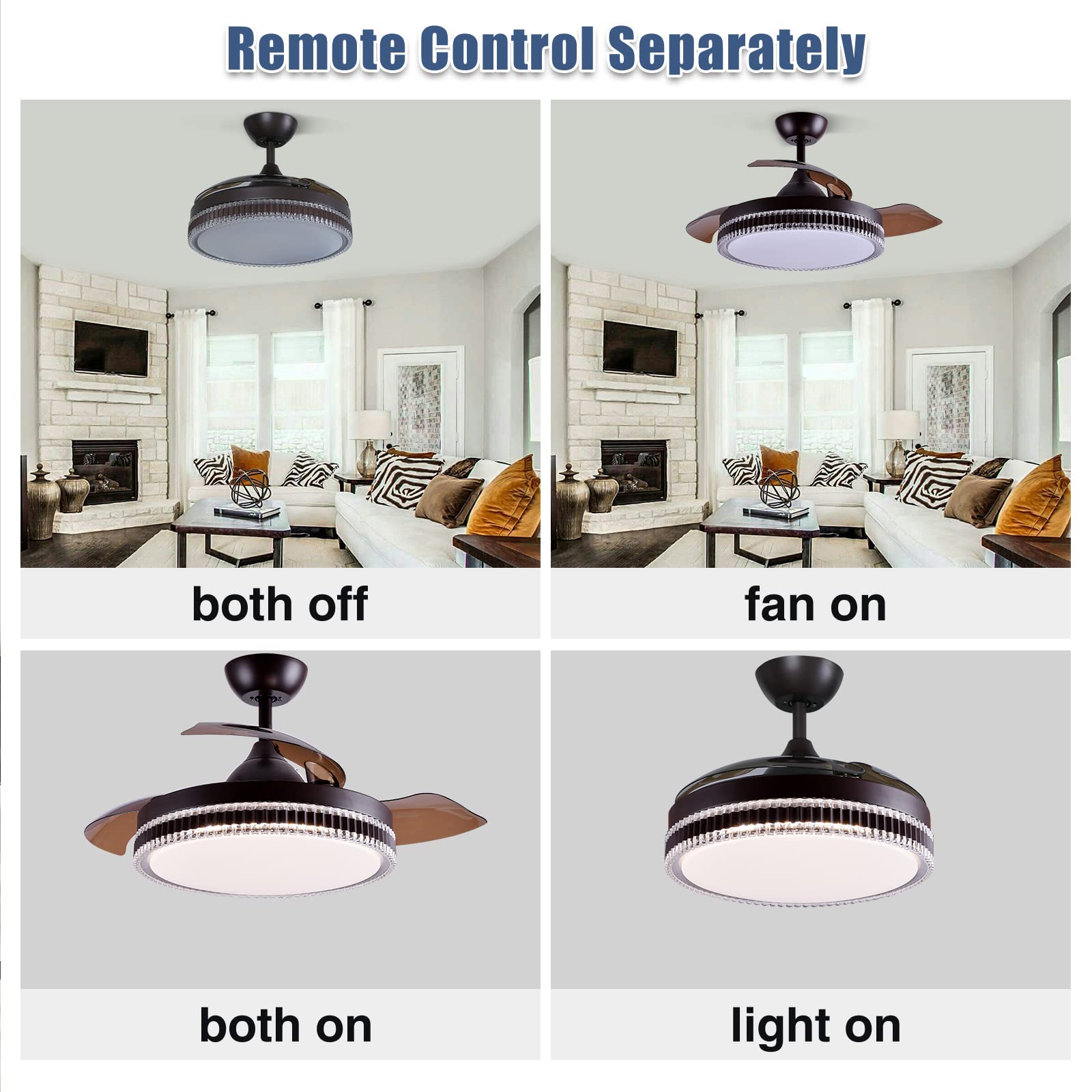 TAOBITAN 42inches Retractable Blade Ceiling Fan with Light and Remote Control with Retractable BladesBlack Ceiling fan with Reversible Motor, 6 Speeds, 3 Light Color, 4 Timing for Living Room Bedroom