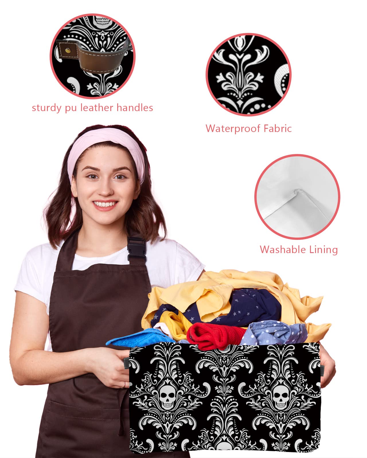 Storage Bins Large Storage Basket,Halloween Scary Skull Skeleton Damask Flower Collapsible Storage Bins with Handle,Black and White Shadow Storage Baskets Cube Organizer for Shelves Closet Nursery