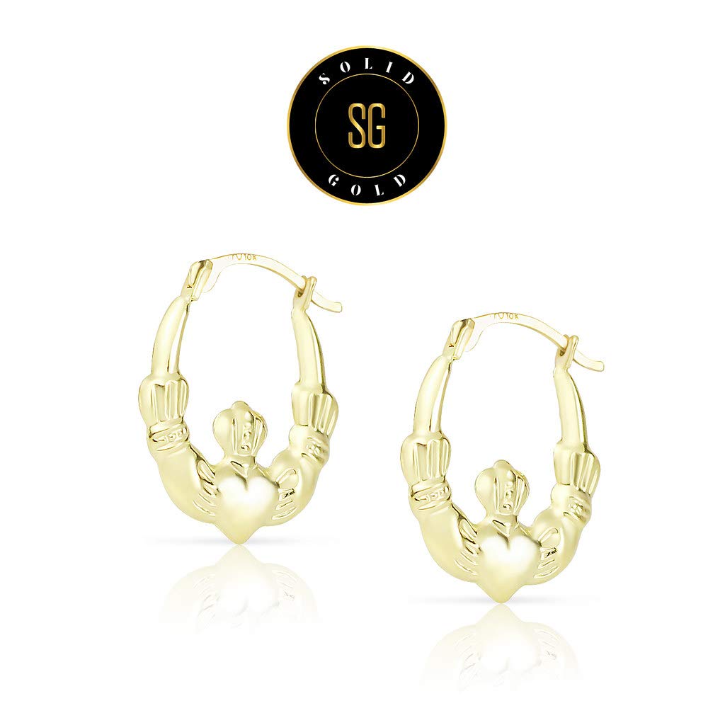 SOLIDGOLD- 10K Yellow Gold Claddagh Creole Click Top Hoop Earrings