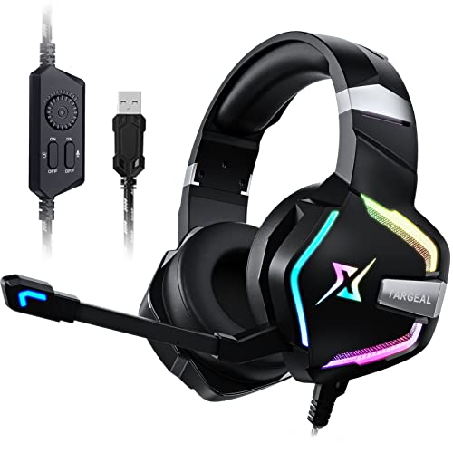 targeal Gaming Headset with Microphone for PC PS5 PS4 Switch Laptop Mac, USB Wired 7.1 Surround Sound Gaming Headphones with Omni-Directional Noise Canceling Mic, RGB LED, without Type C Cable